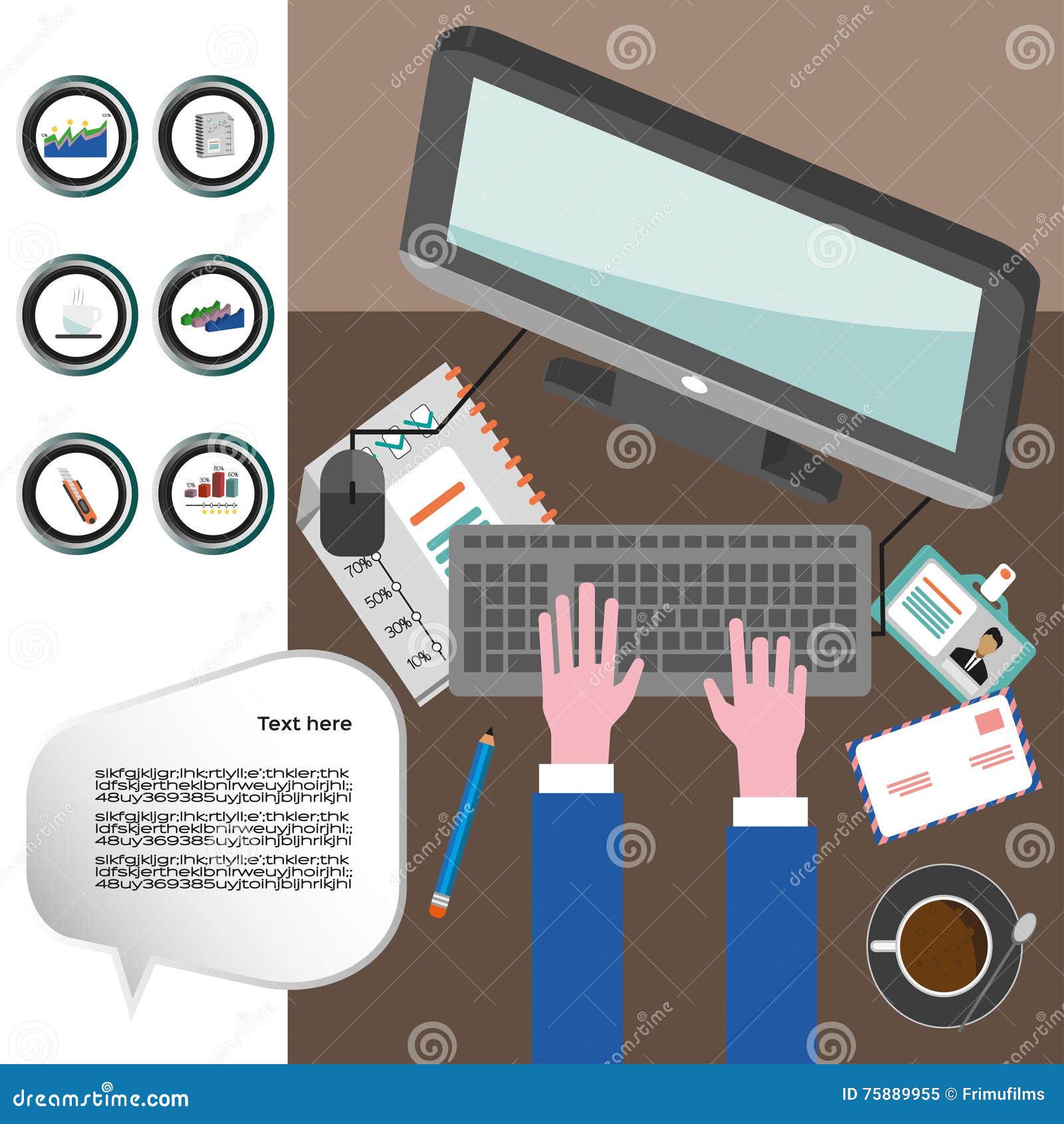 Business Infographic with Icons, Computer and Typing Keyboard, Flat ...