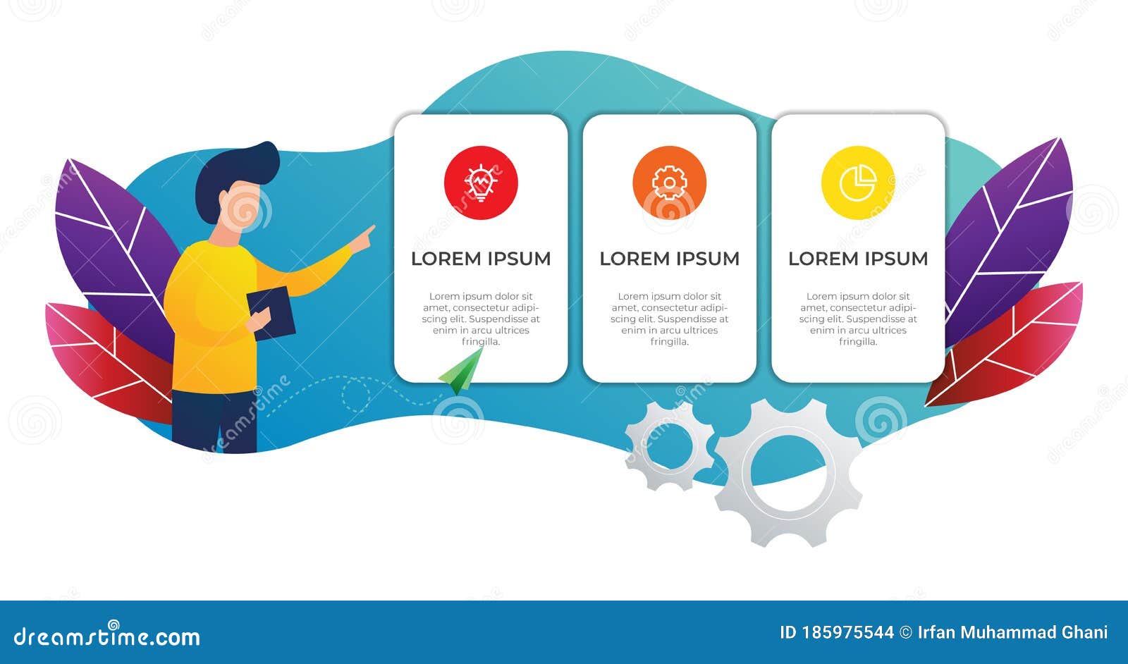 Business Infographic Template with Man Standing and Presenting 3 Points ...