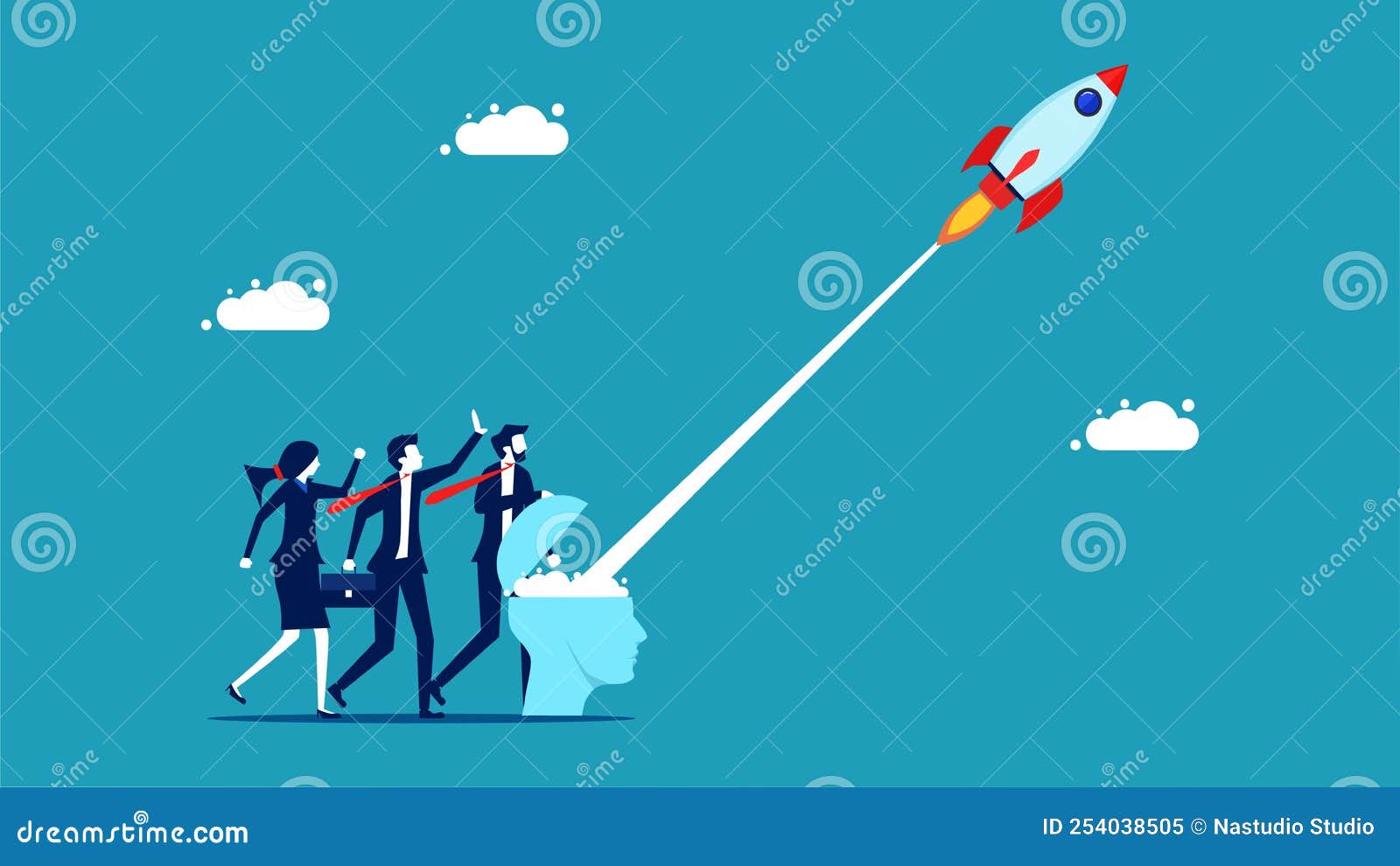 Business Innovation. Businessman Opens His Head To Launch a Rocket ...