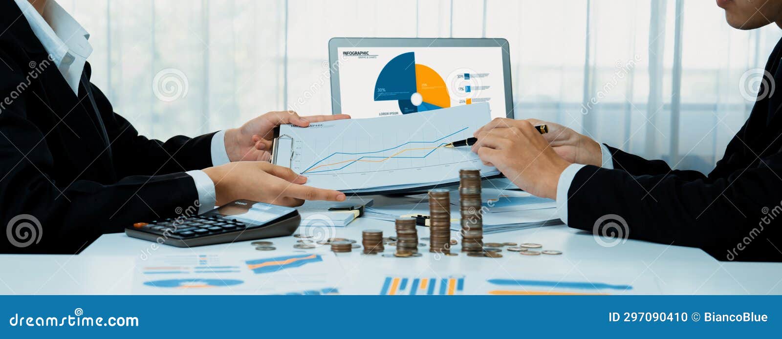 Business Intelligence Analyst Use BI Software on Laptop with Stack Coin ...