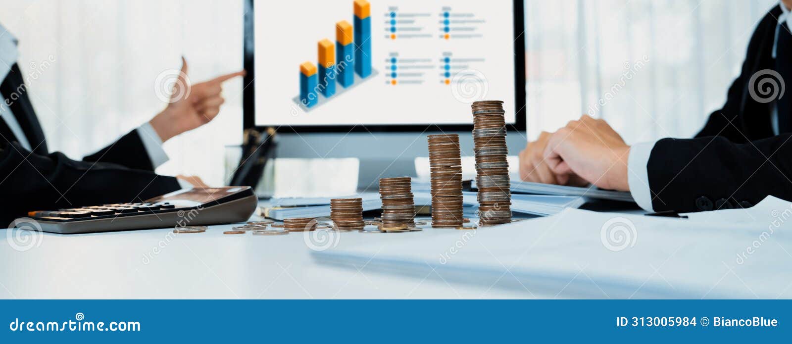 Business Intelligence Analyst Use BI Software on Laptop with Stack Coin ...