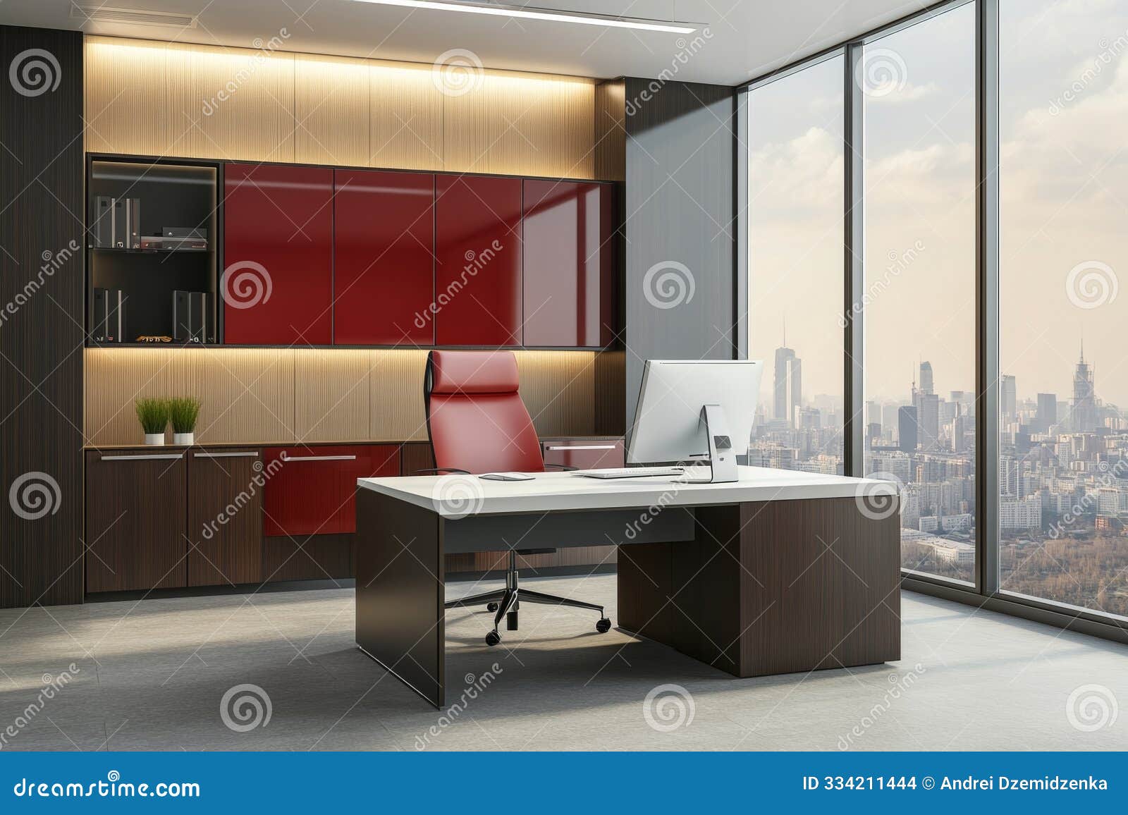Business Interior with a Work Desk, PC, and Shelf beside a Window for ...