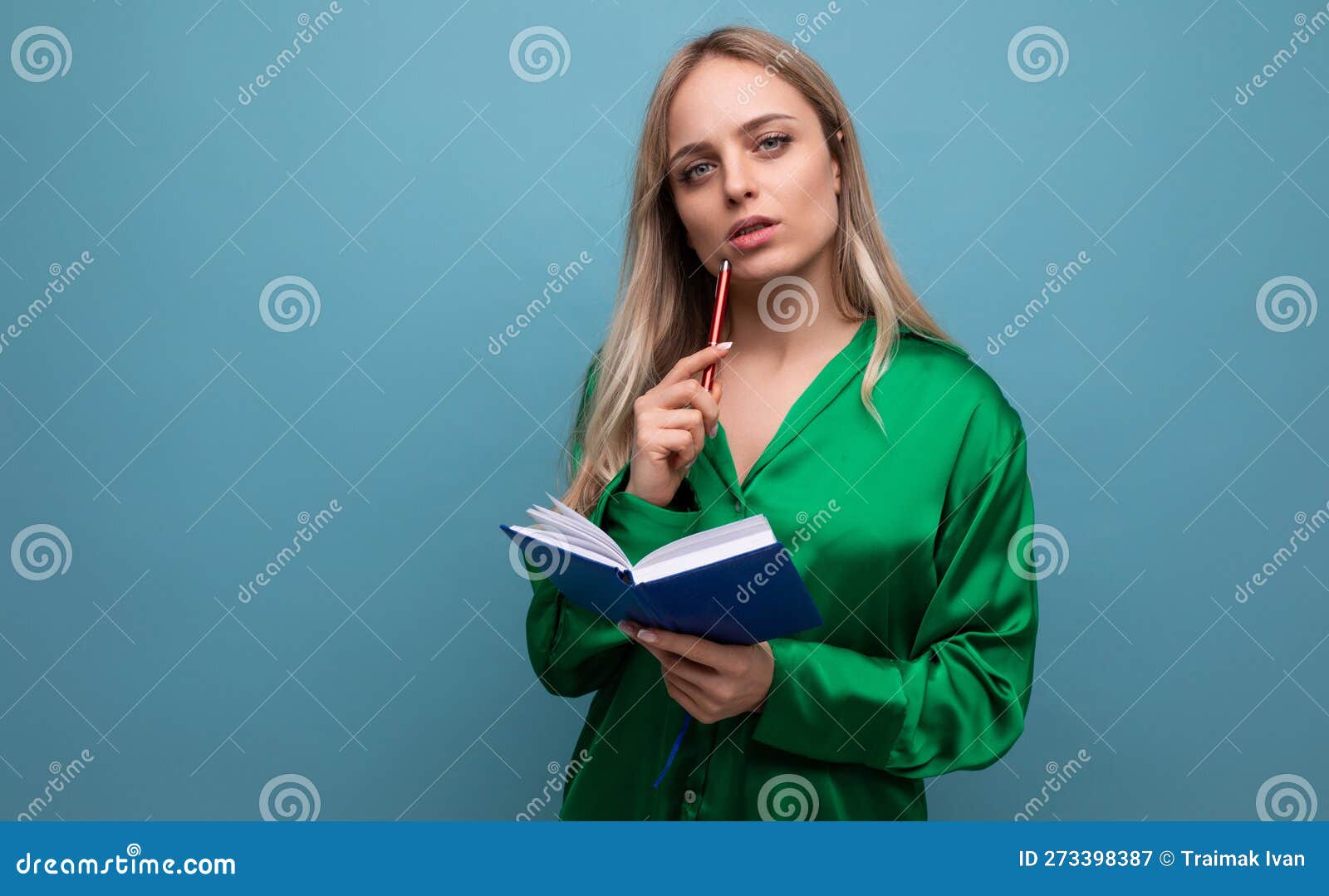 Business Lady Freelancer Thinking about Work Holding Notepad and Pencil ...