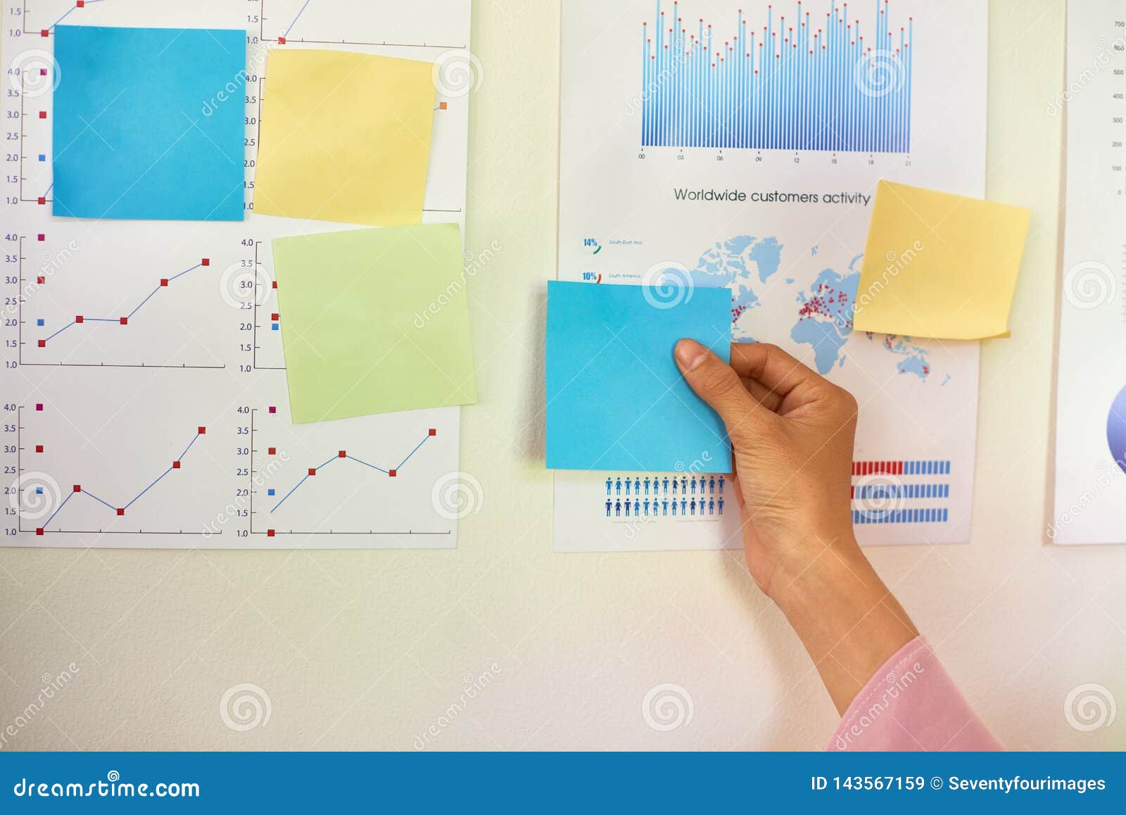 Putting sticker on wall stock image. Image of analyst - 143567159