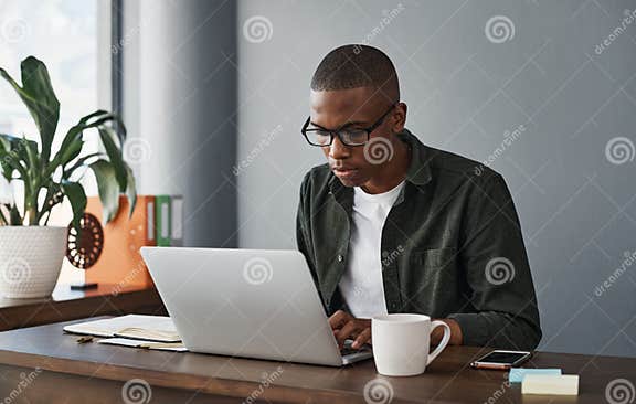 Business, Laptop and Black Man Typing in Office for Software, Research ...