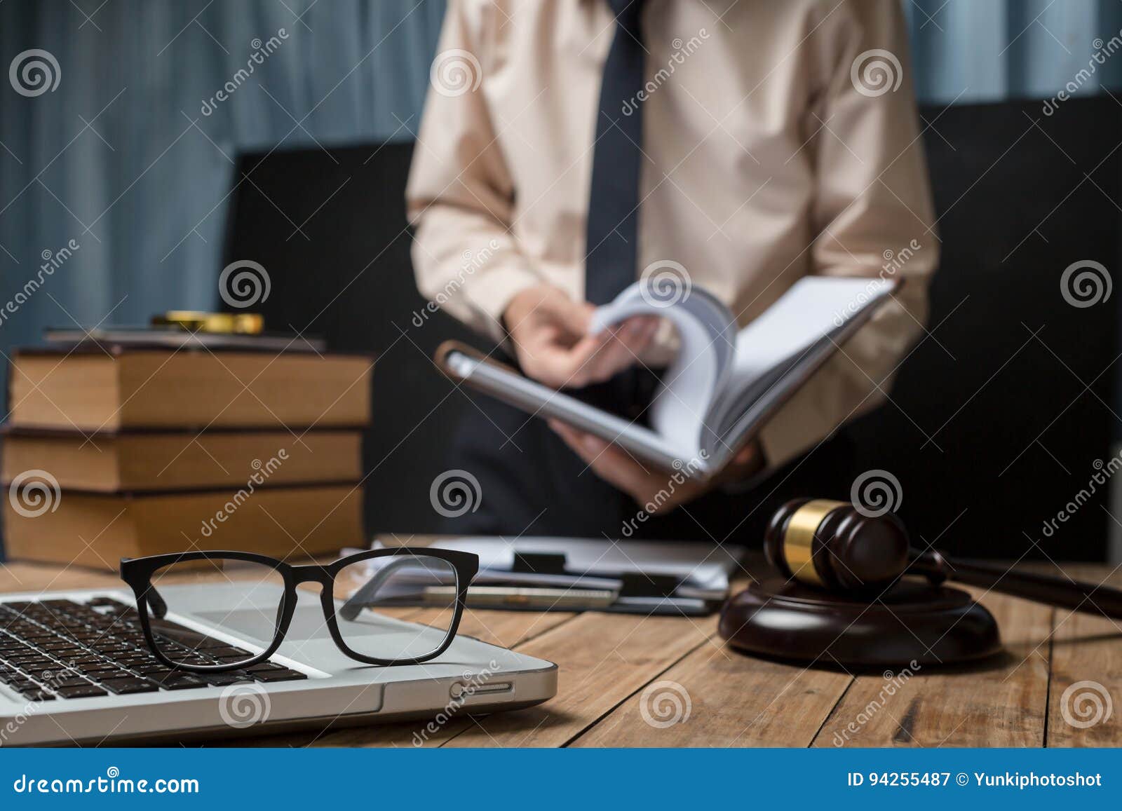 Business Lawyer Working Hard at Office Desk Workplace with Book Stock ...