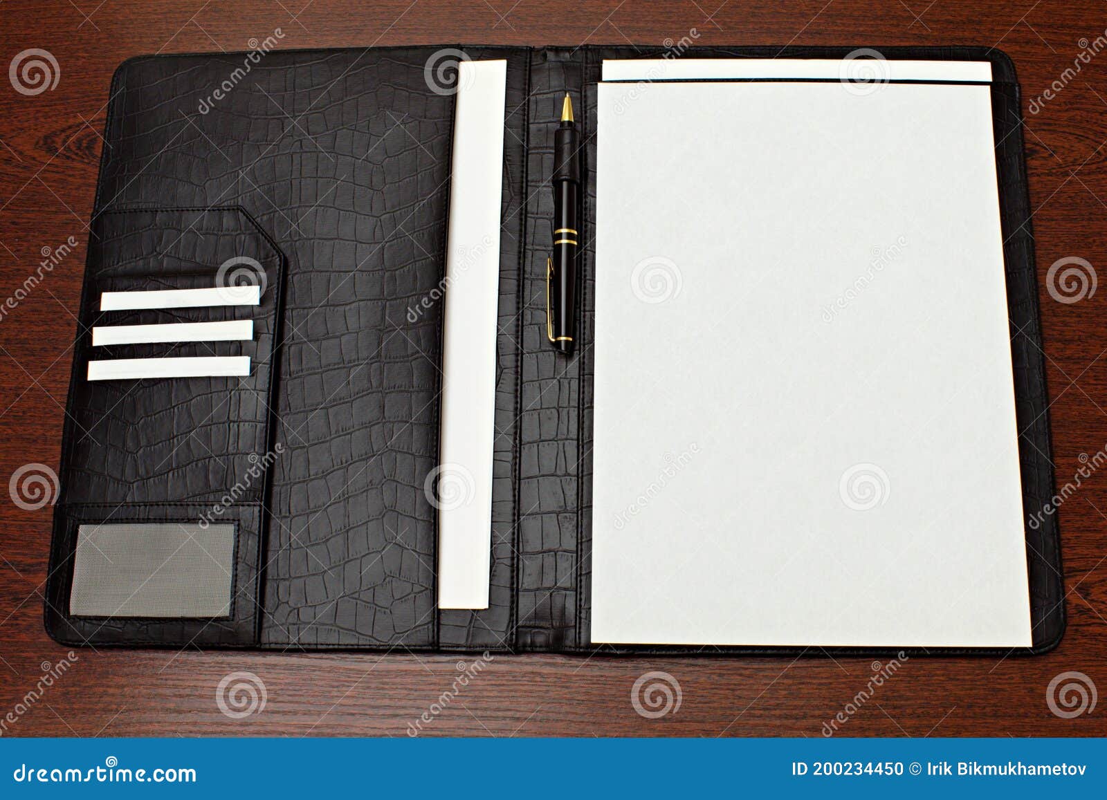 Business Leather Folder with Pen and White Blank Note Paper Stock Photo ...