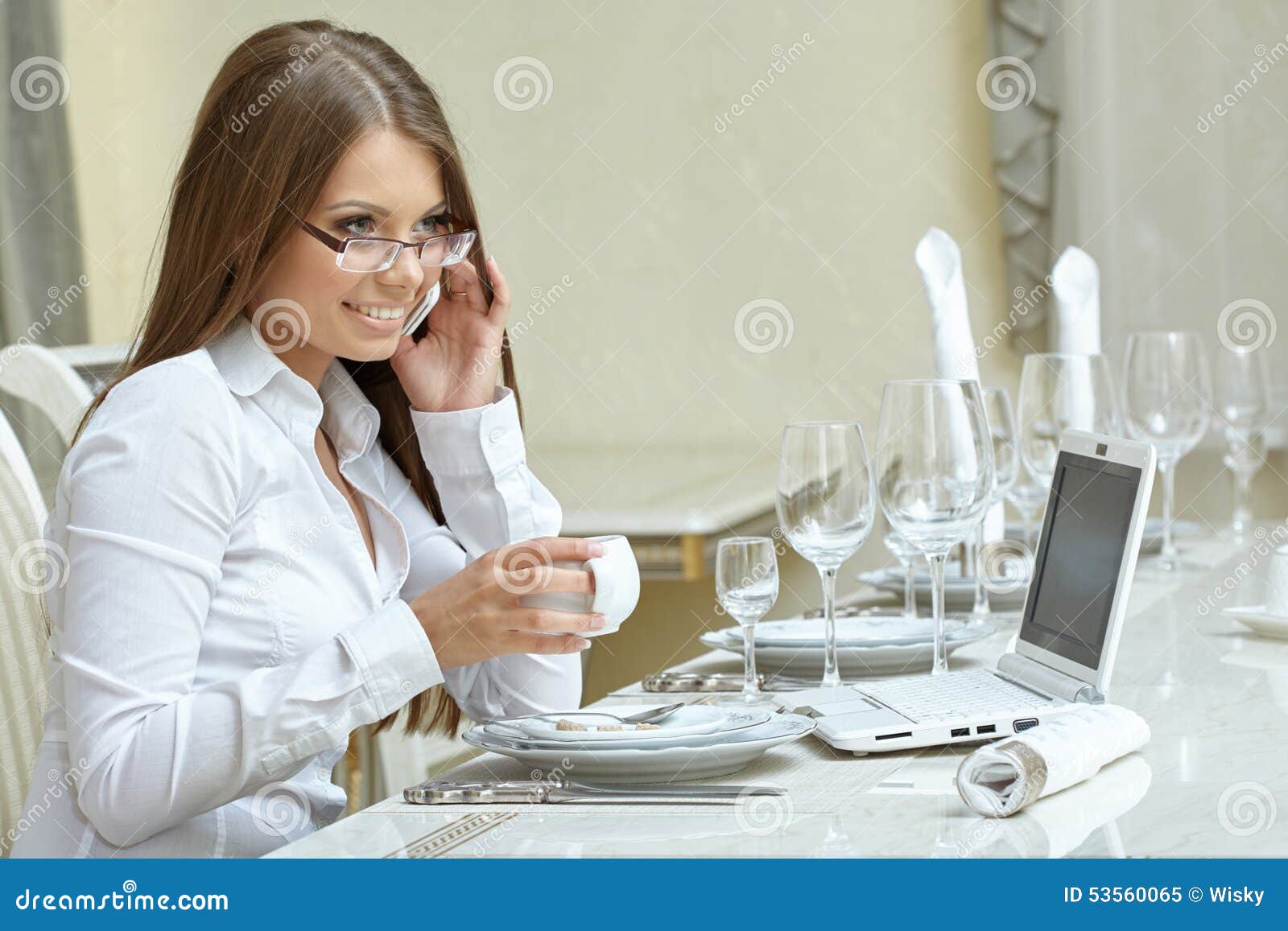 Business Lunch. Charming Woman Working at Dinner Stock Image - Image of ...