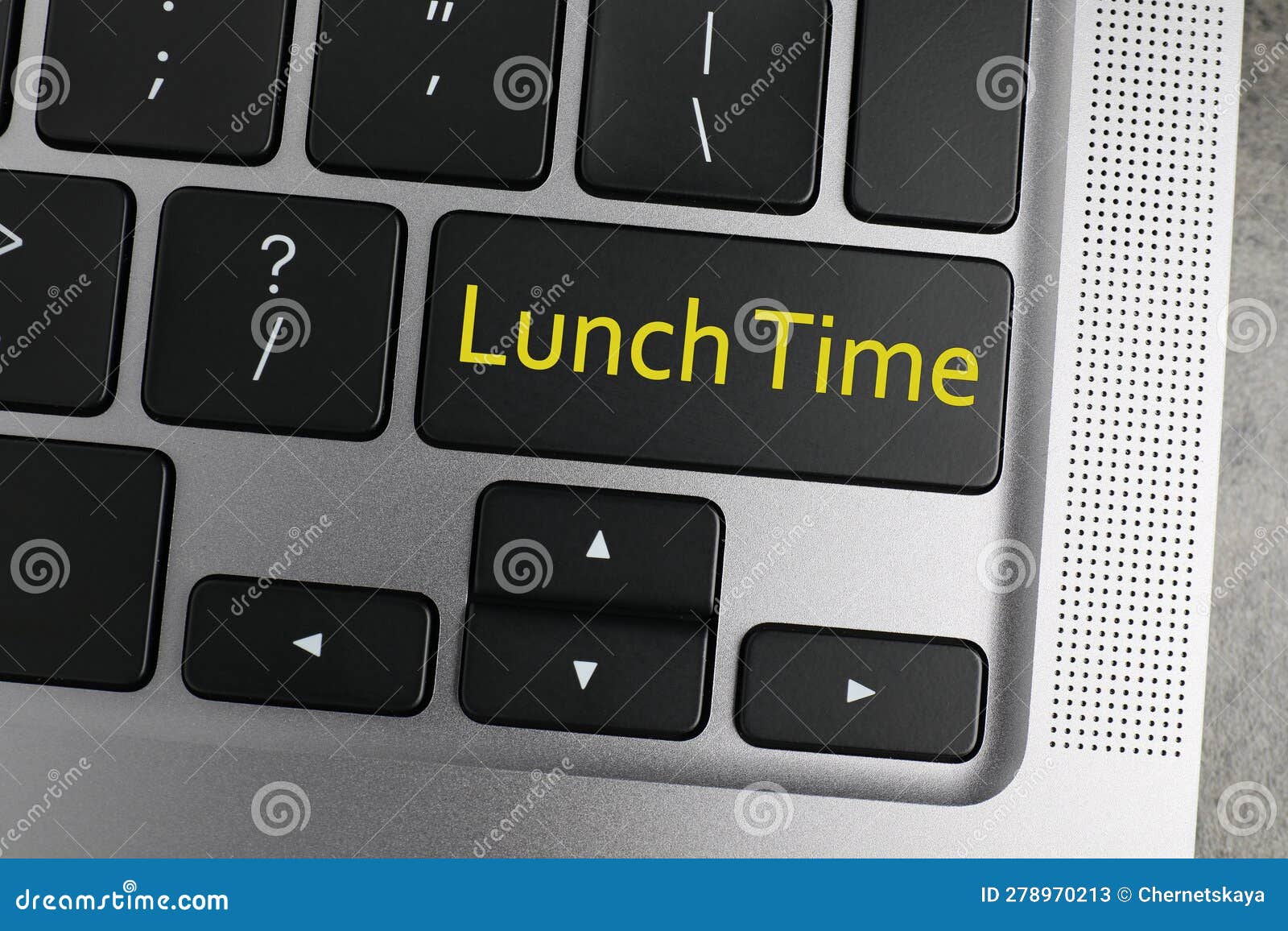 Business Lunch Concept. Laptop with Lunch Time Button, Top View Stock ...