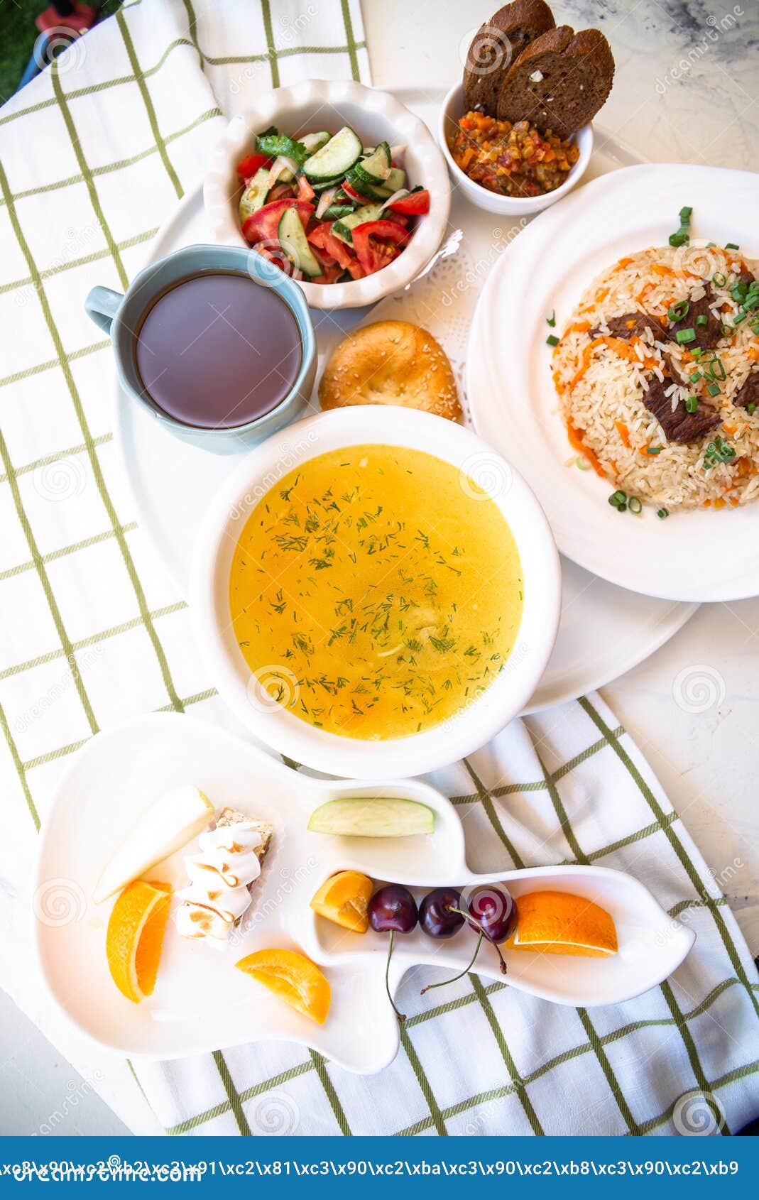 Business Lunch on the Table on a White Tablecloth. Top View Stock Photo ...