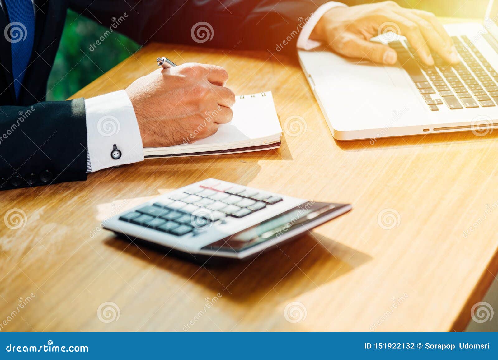Business Man Accounting Using Calculating and Work with Laptop Computer ...