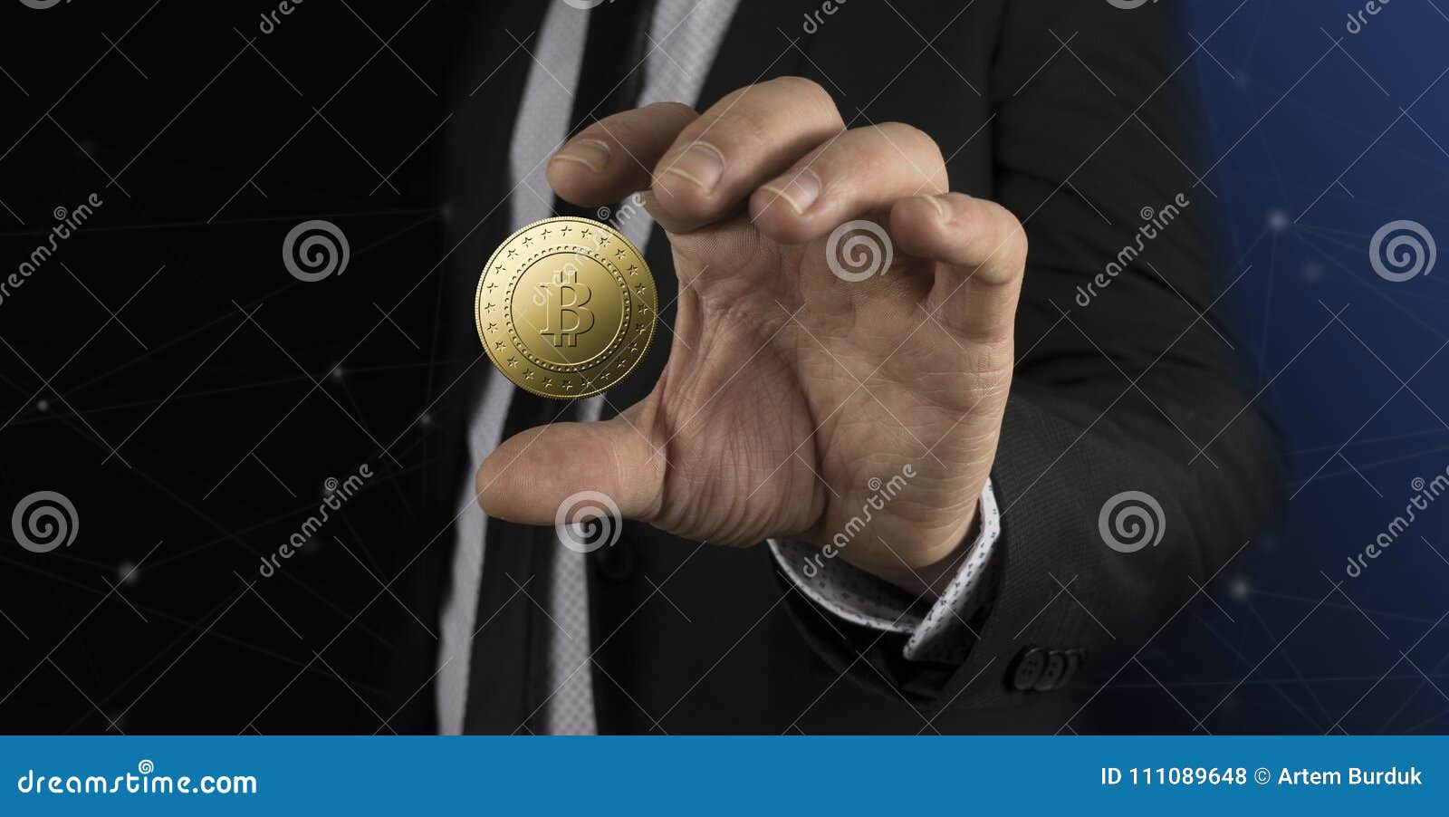 Business Man With Black Suit Holding Bitcoin On Hand Stock Photo ...