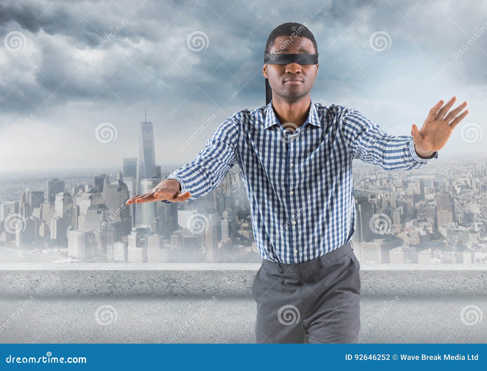 Business Man Blindfolded with Against Skyline with Grey Clouds Stock ...