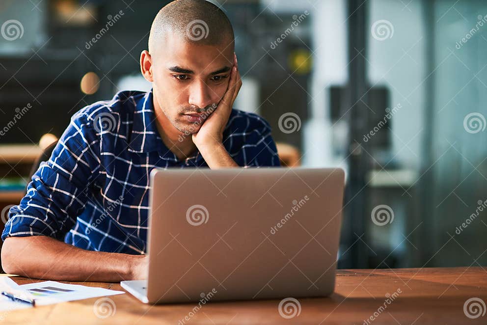 Business Man, Bored and Tired on Computer for Decision, Solution or ...