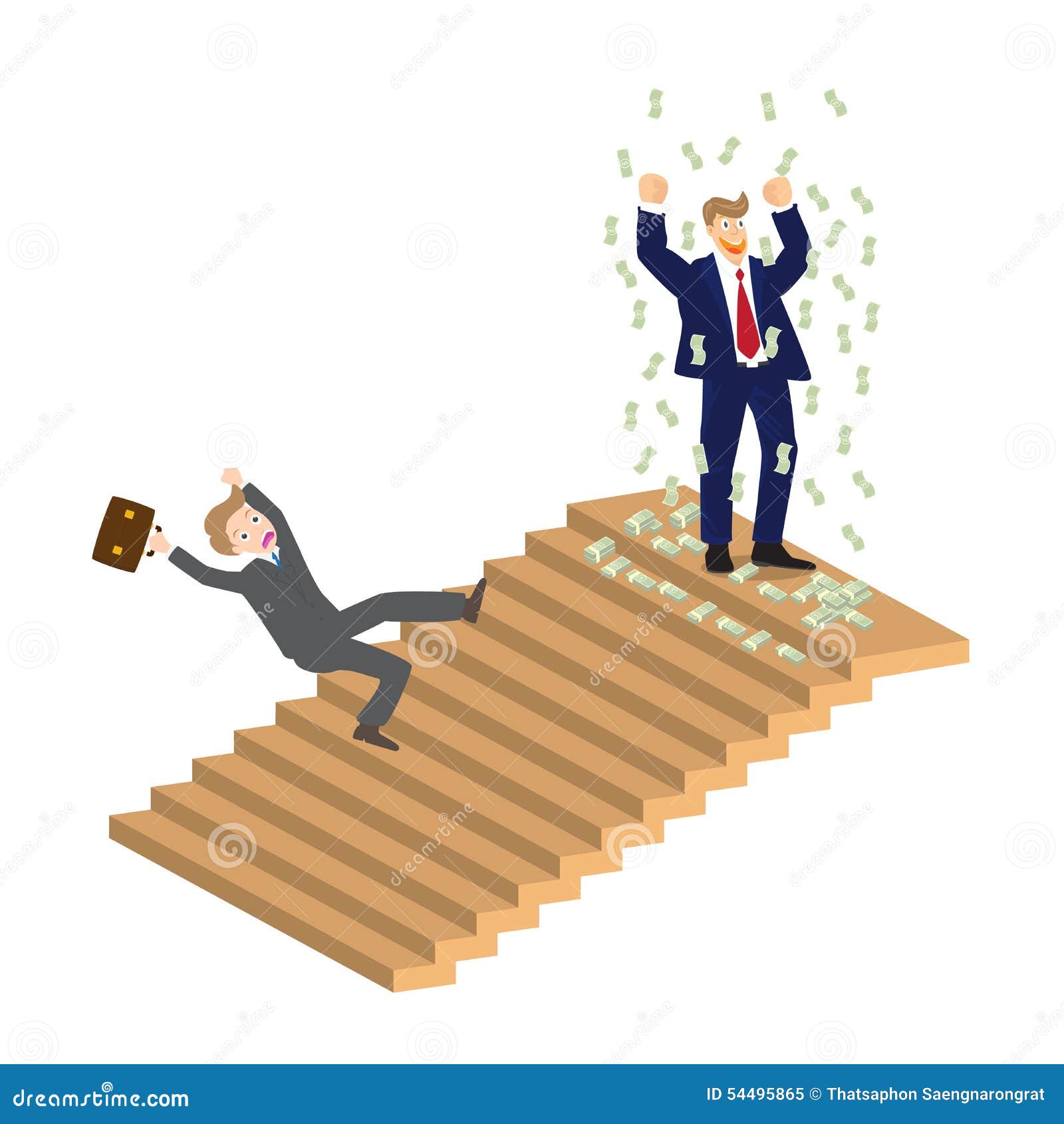 Business Man Cheer on Top of Stairs and Someone Falling Down ...