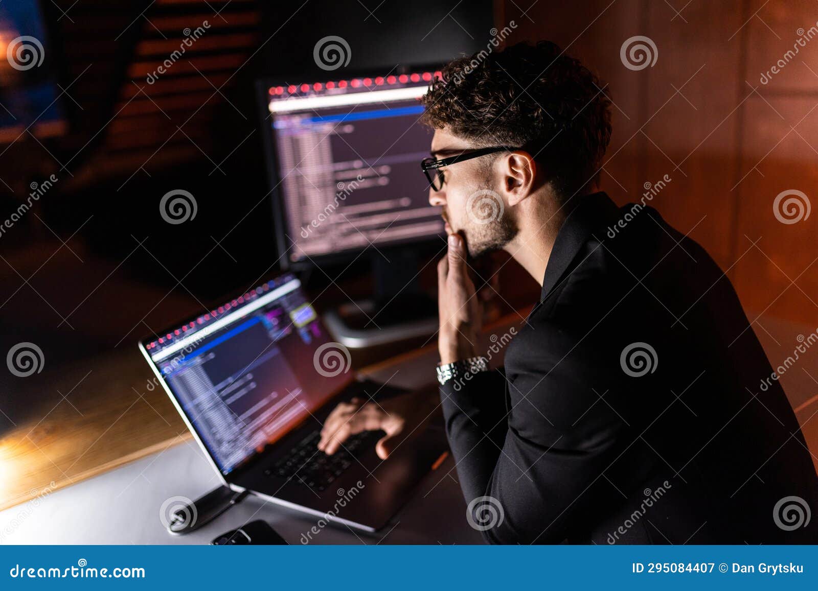 Business Man For Coding Software Development And Programming Script In Cybersecurity Stock