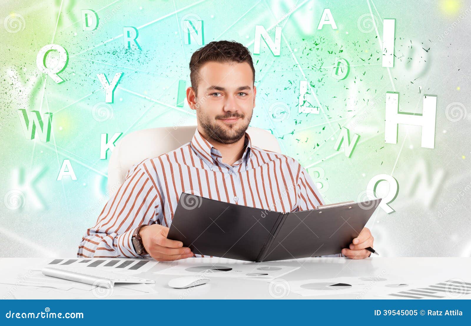 Business Man at Desk with Green Word Cloud Stock Illustration ...