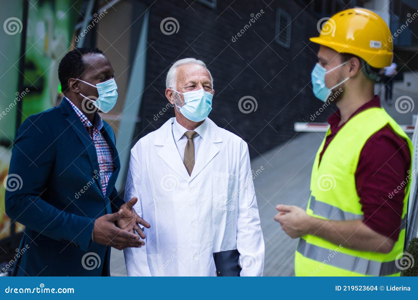 Business Man, Doctor and Engineer Talking on Street Stock Photo - Image ...