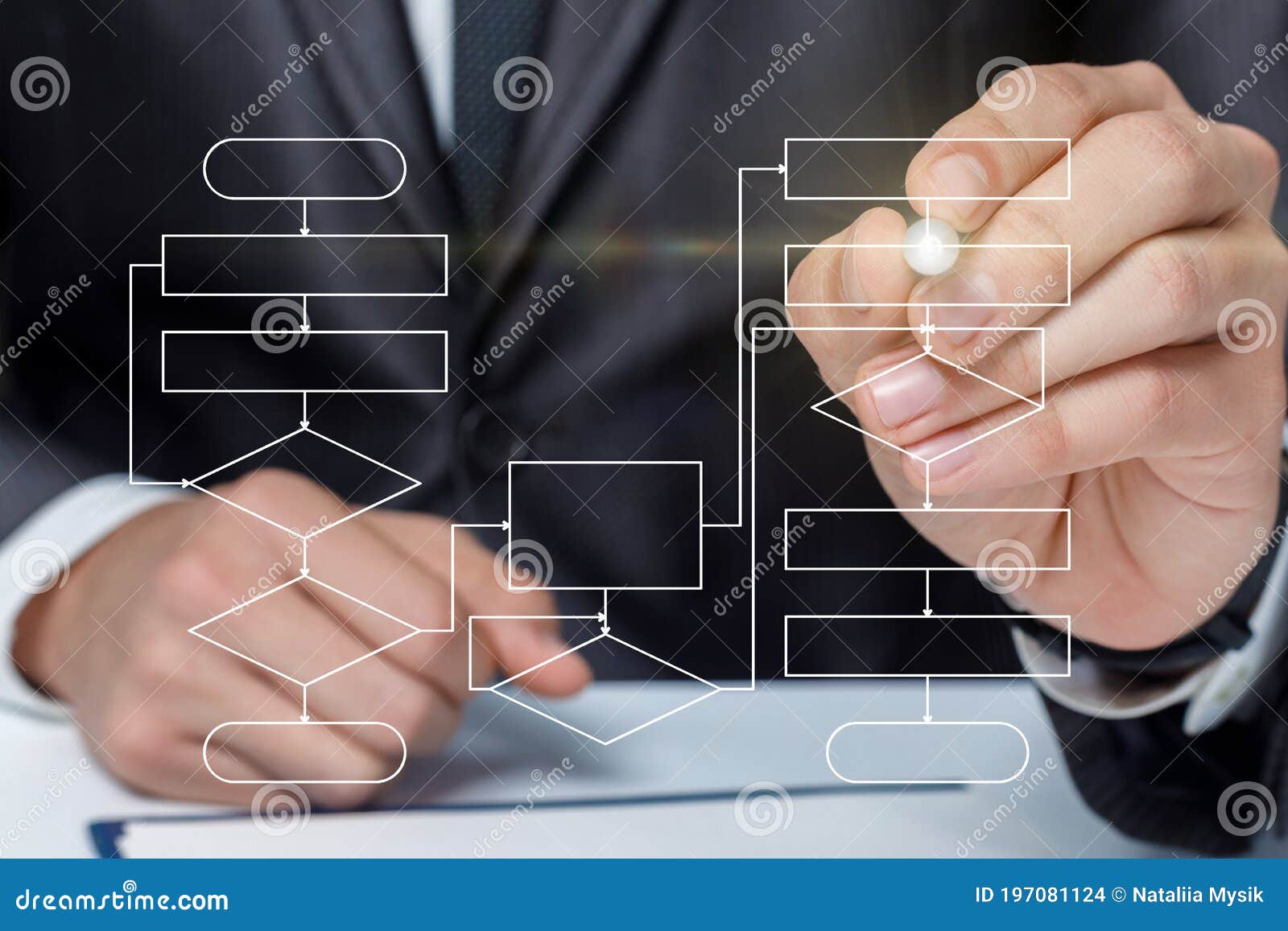 Businessman Draws a Flowchart of the Program on a Virtual Screen Stock ...