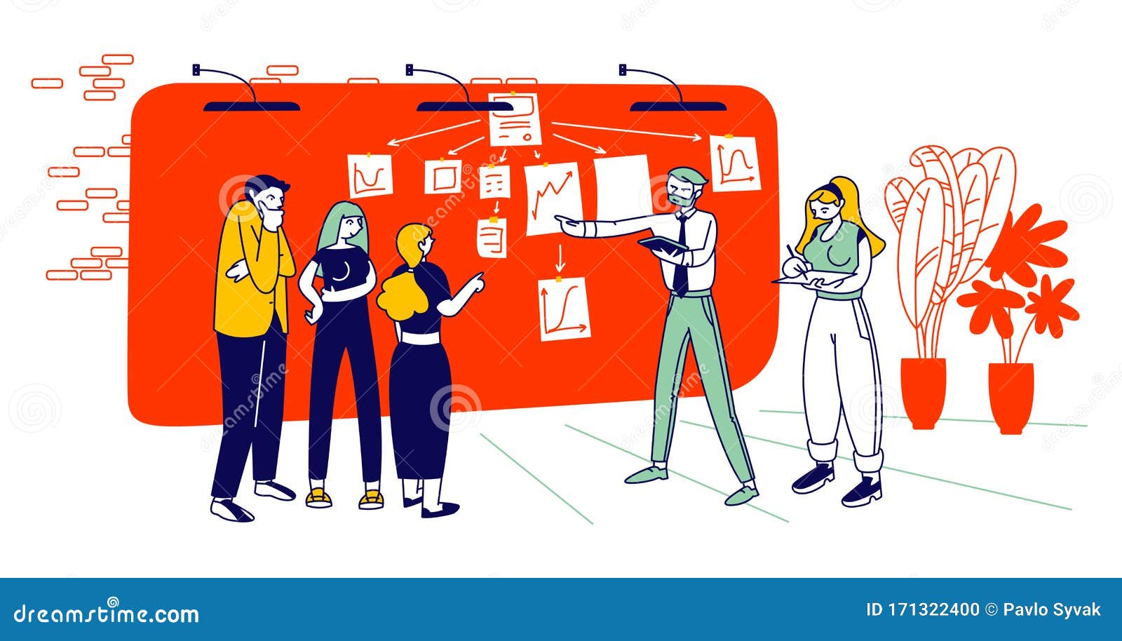 Business Man Explain Working Plan Pointing Graphs and Stick Notes on ...