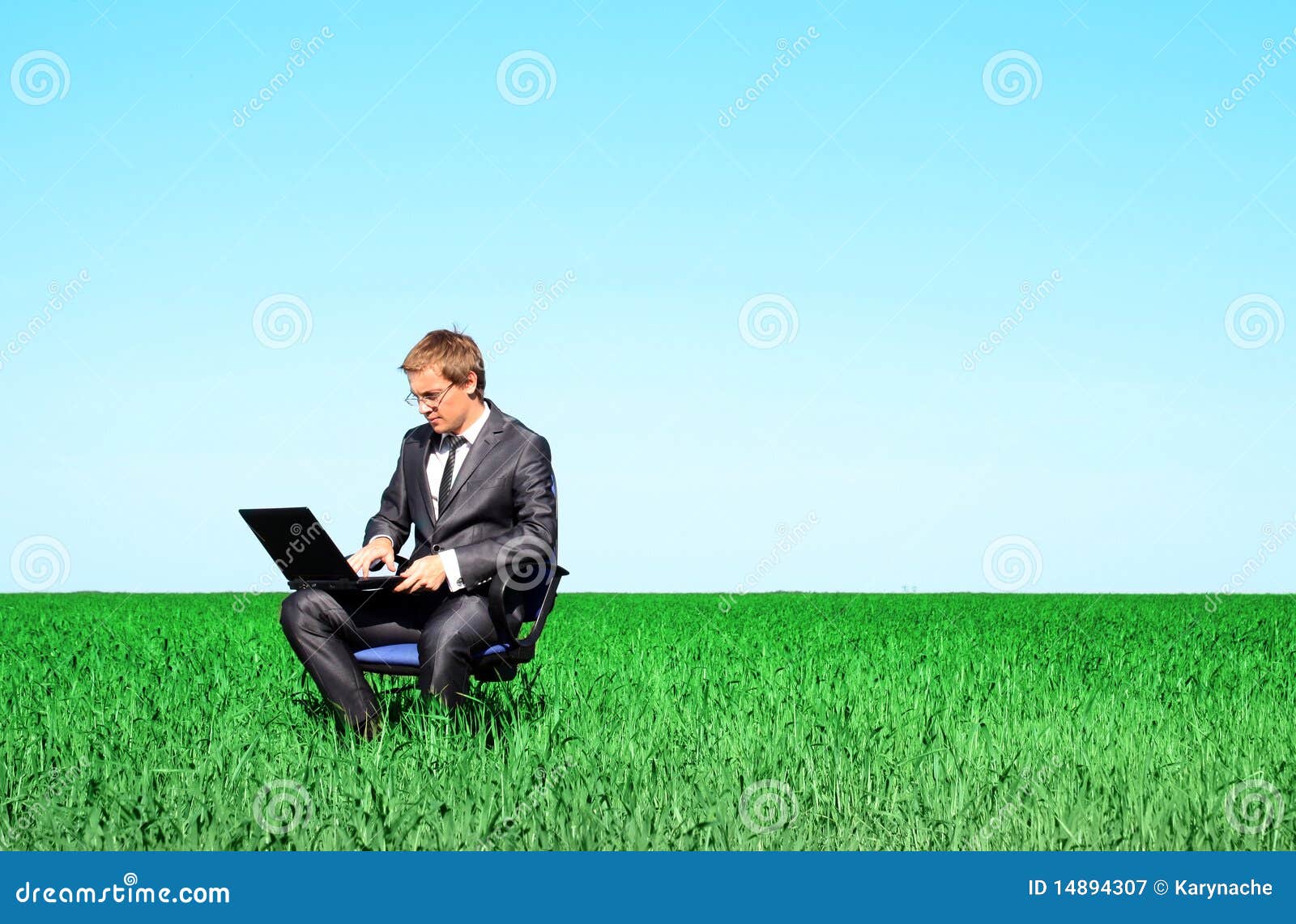 Business Man on a Field on a Laptop Stock Image - Image of leisure ...