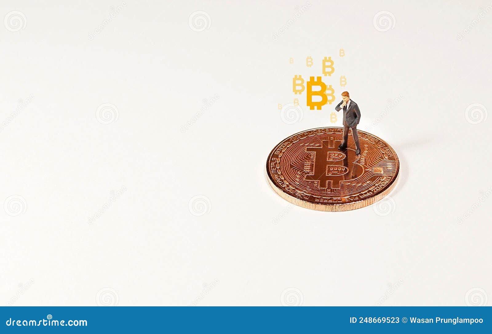 Business Man Figure Standing on Bitcoin. Bitcoin Mining Concept Stock ...