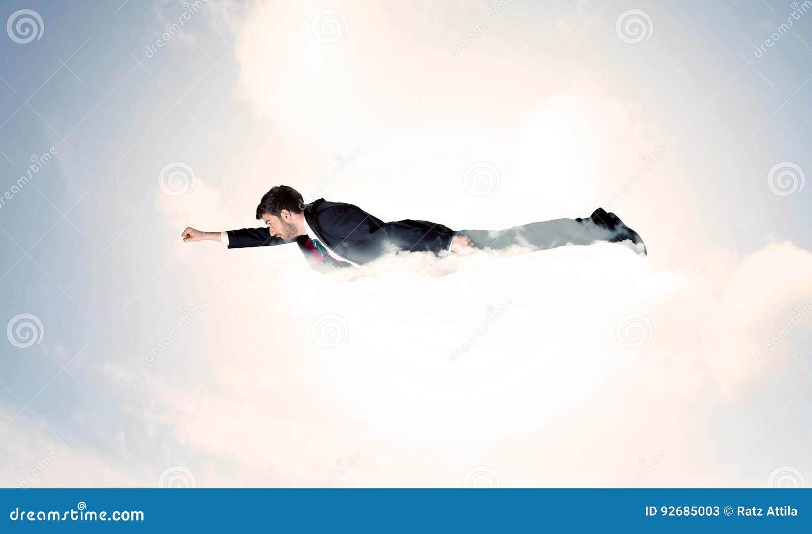 Business Man Flying Like a Superhero in Clouds on the Sky Stock Image ...