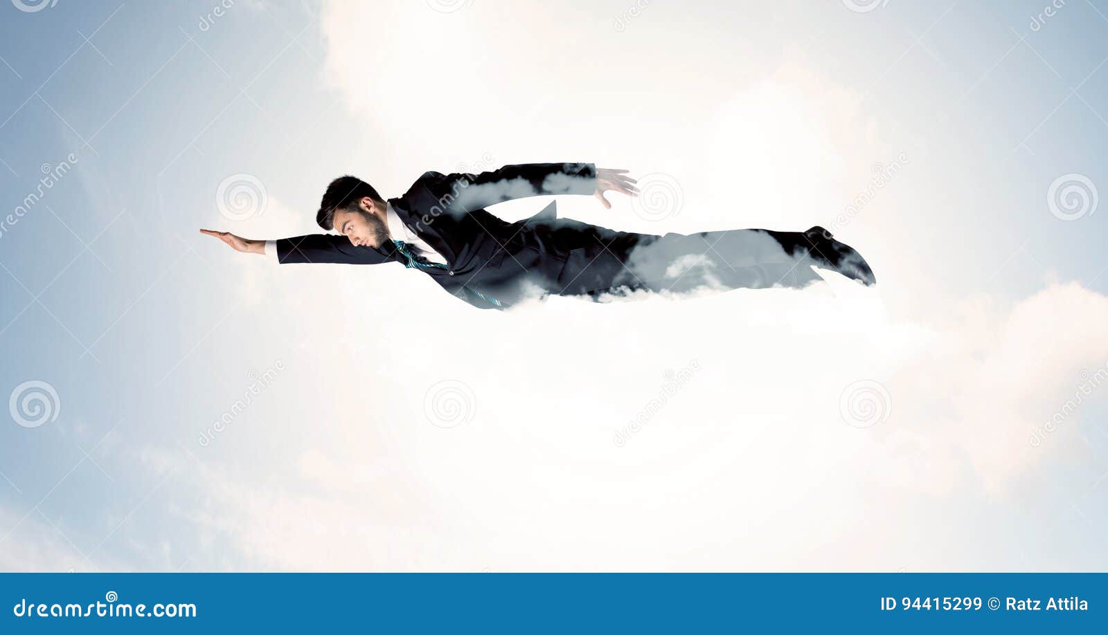 Business Man Flying Like a Superhero in Clouds on the Sky Stock ...