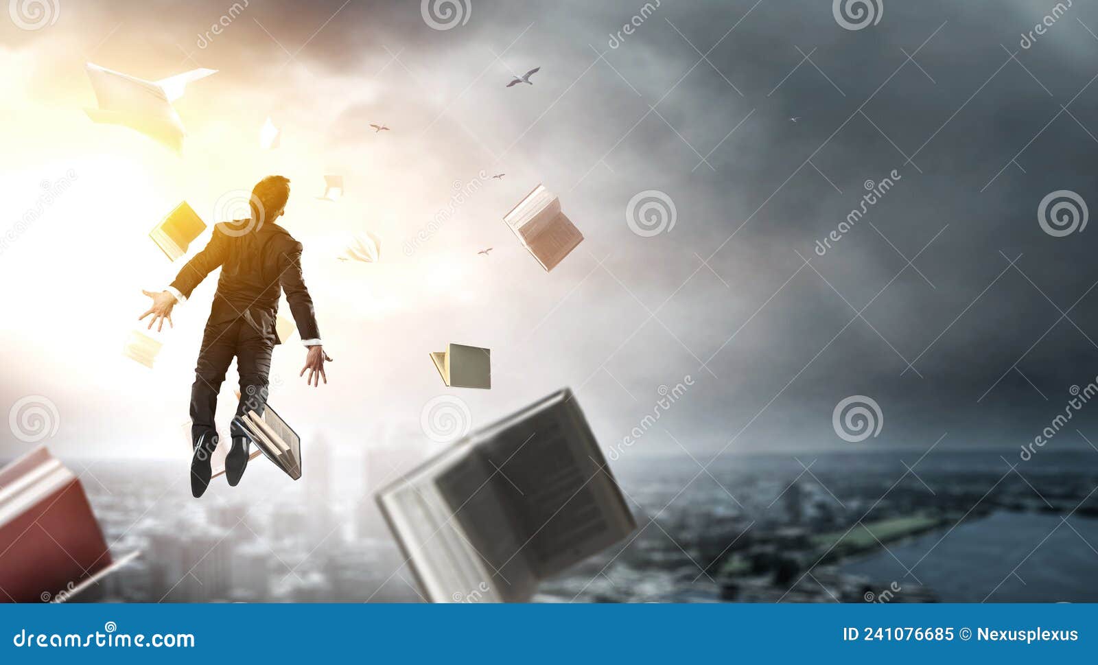 Business Man Flying Up . Mixed Media Stock Image - Image of environment ...
