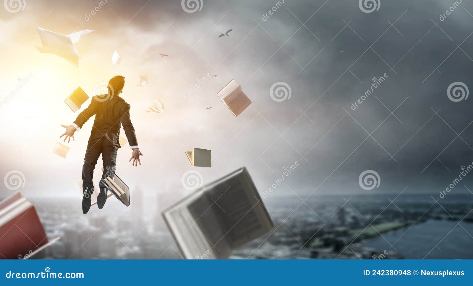Business Man Flying Up . Mixed Media Stock Photo - Image of outdoor ...