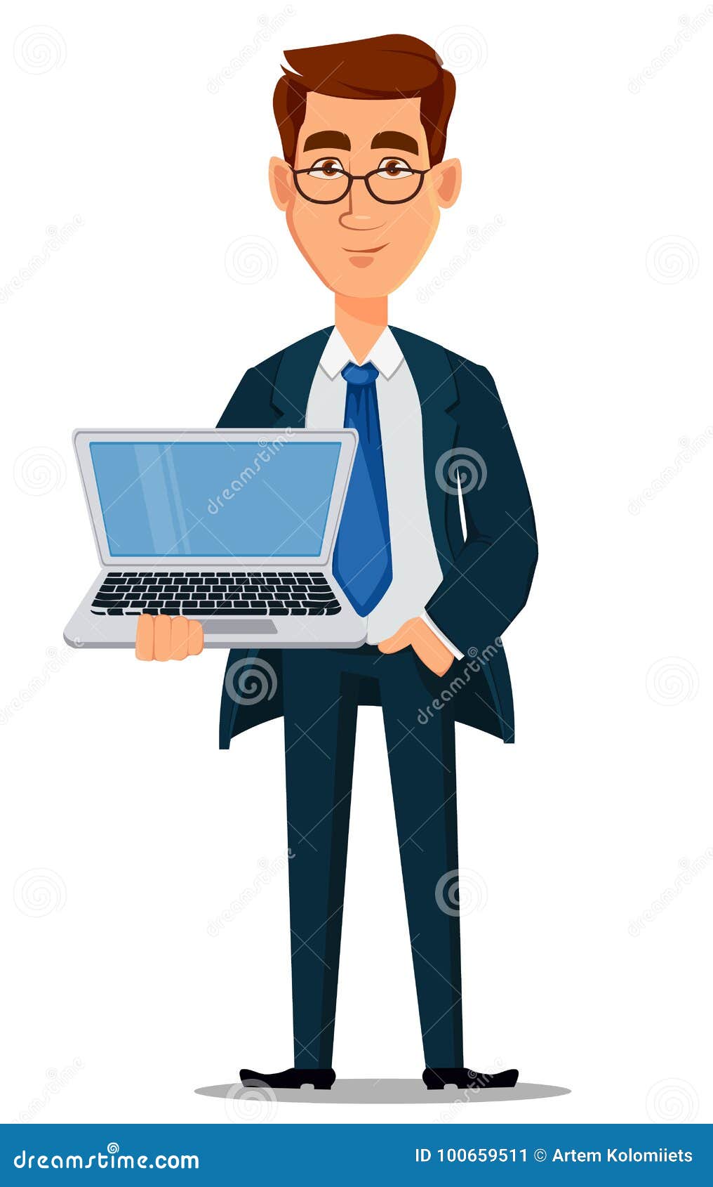 Business Man in Formal Suit Holding Powerful Laptop, Cartoon Character ... Business Man in Formal Suit Holding Powerful Laptop, Cartoon Character ...