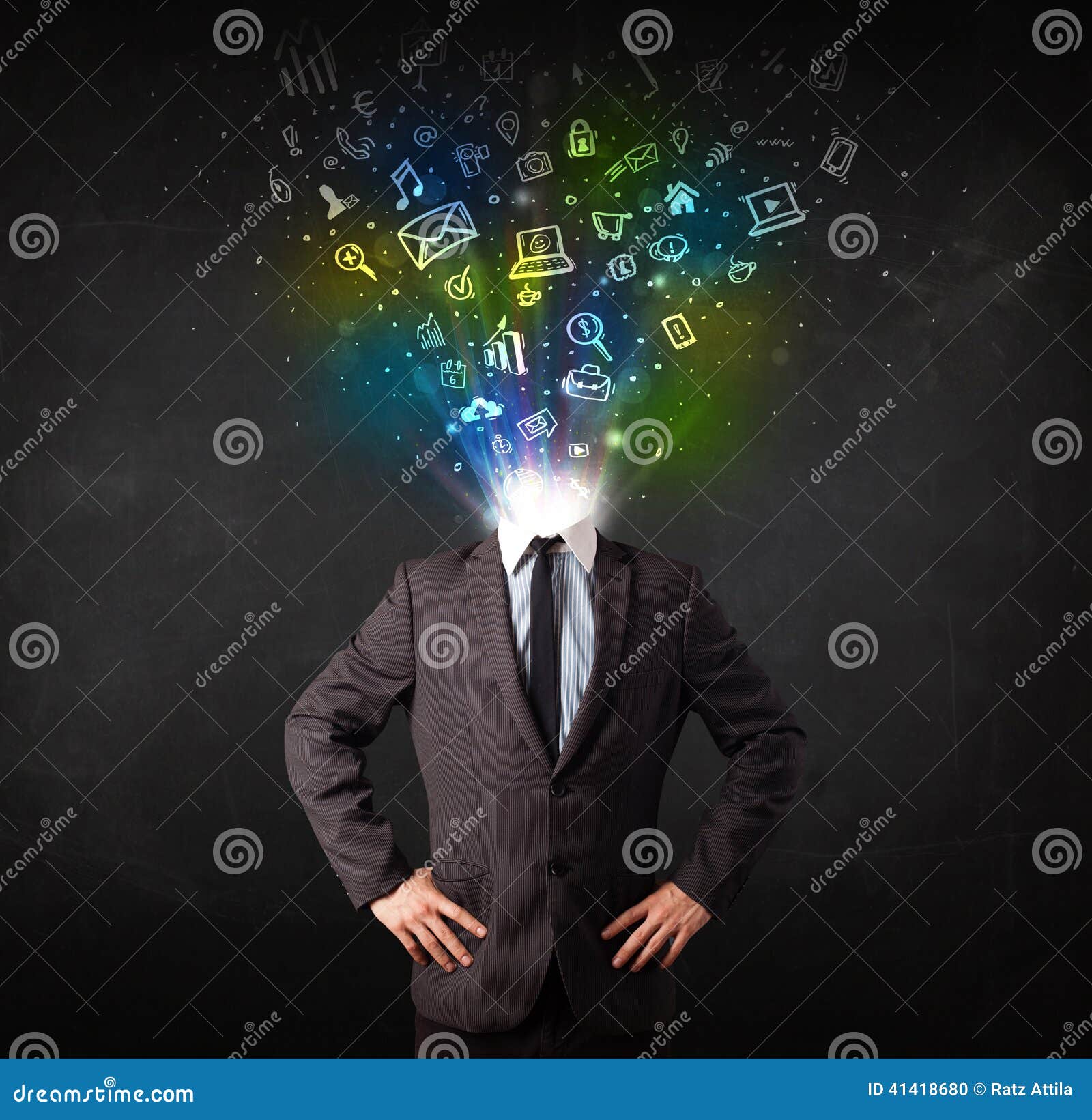 Business Man with Glowing Media Icons Exploding Head Stock Photo ...