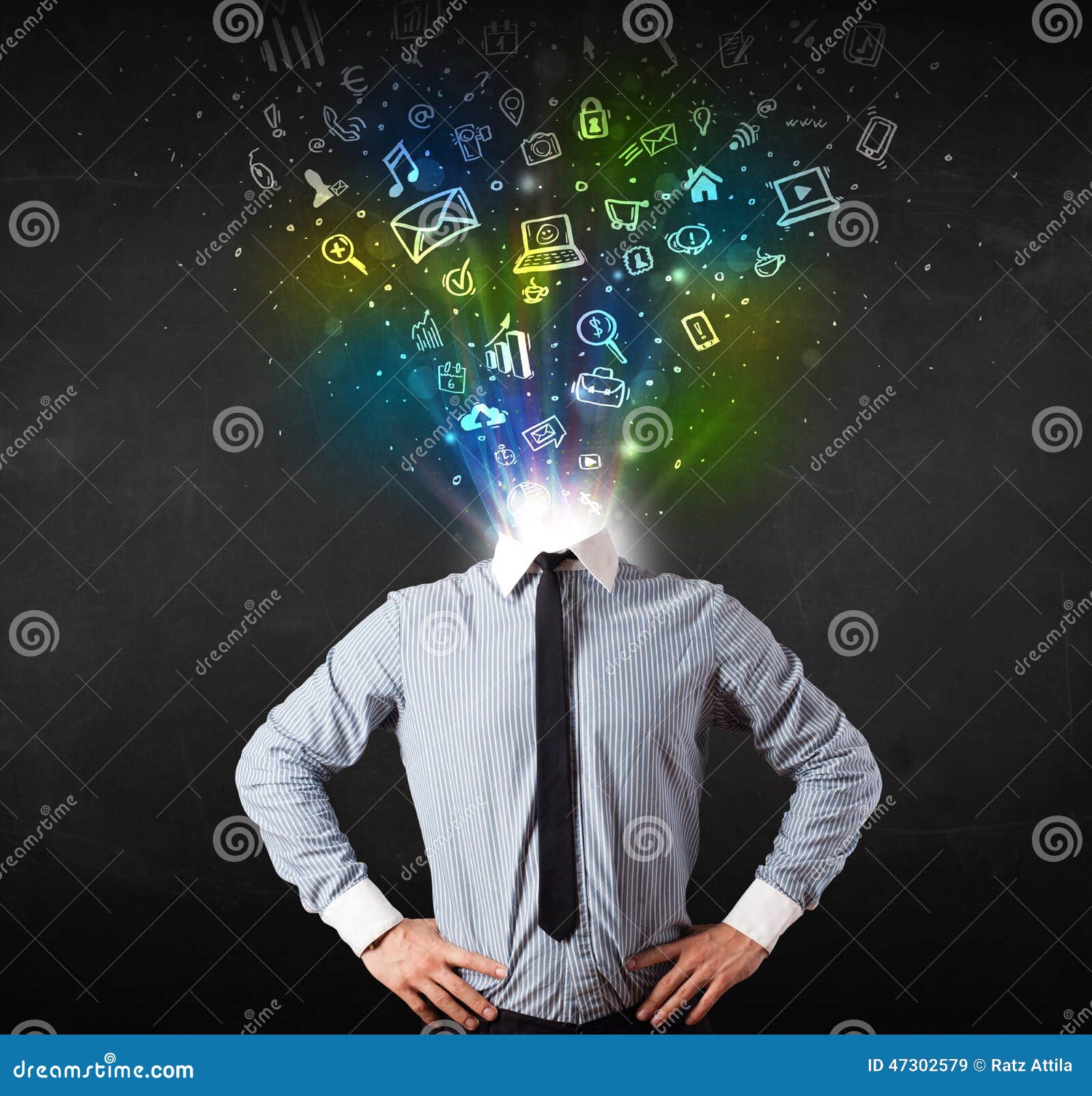 Business Man with Glowing Media Icons Exploding Head Stock Image ...