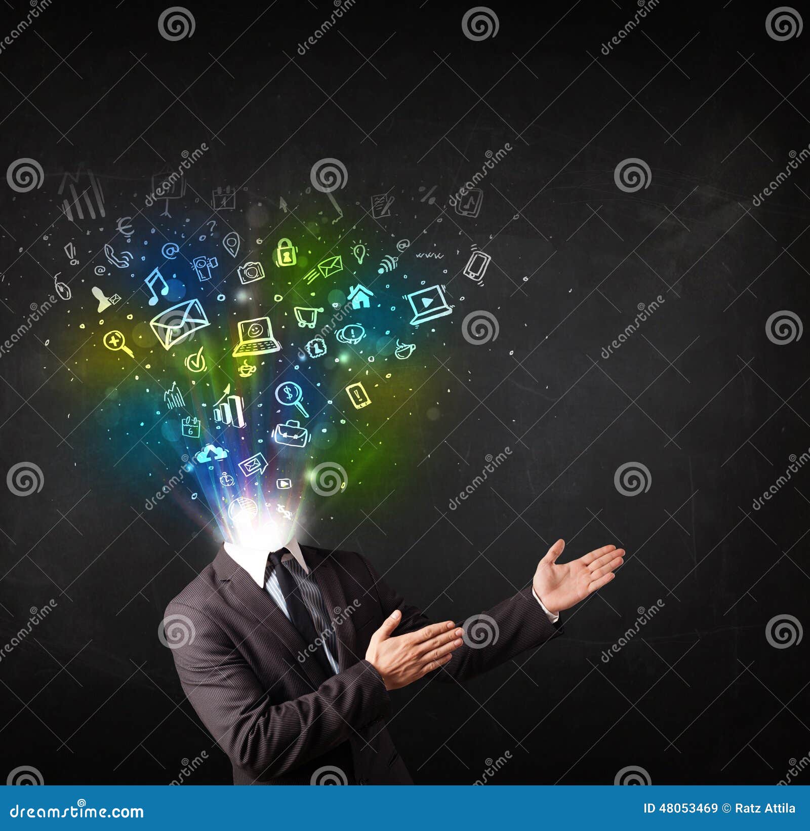 Business Man with Glowing Media Icons Exploding Head Stock Image ...