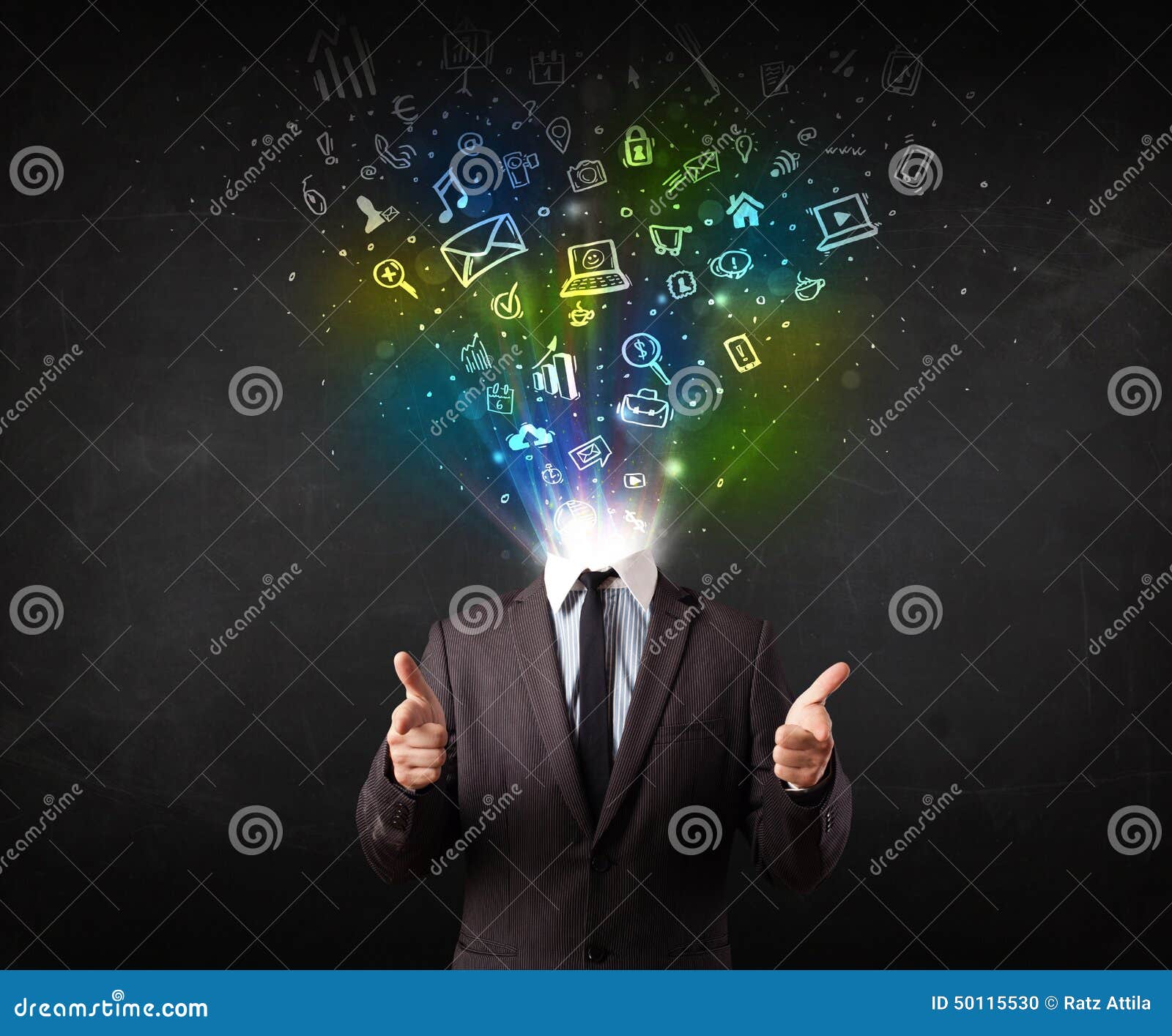 Business Man with Glowing Media Icons Exploding Head Stock Illustration ...