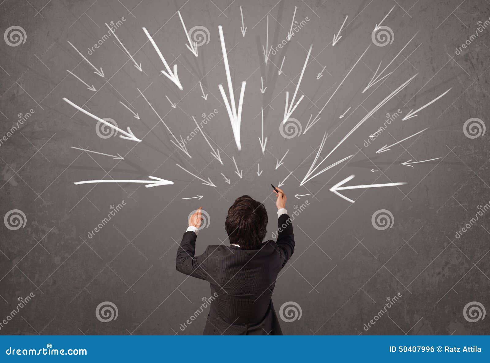 Business Man with Hand Drawn Arrows Pointing at His Head Stock Photo ...