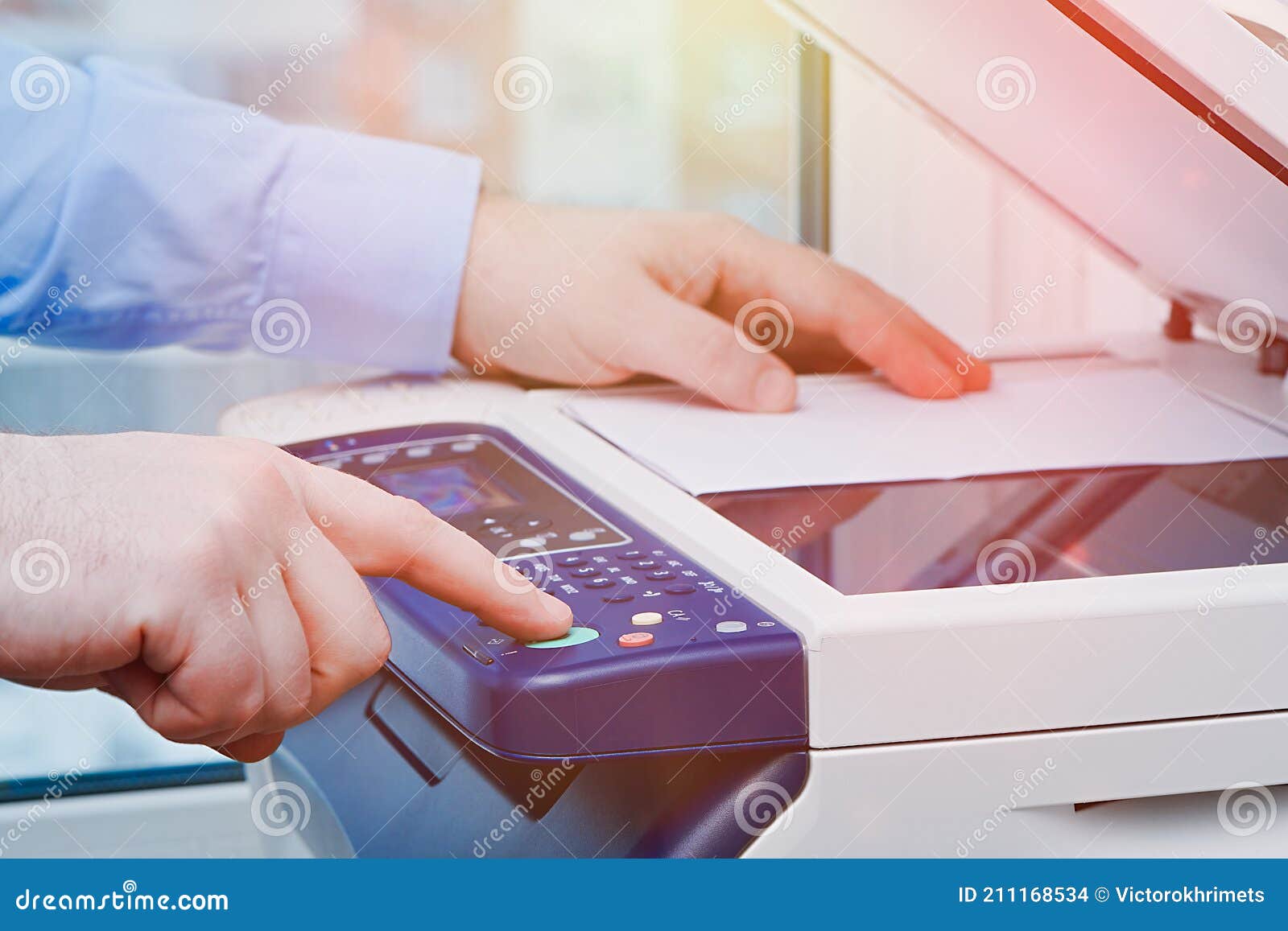 Business Man Hand Press Button Printer Panel To Make a Copy of the ...