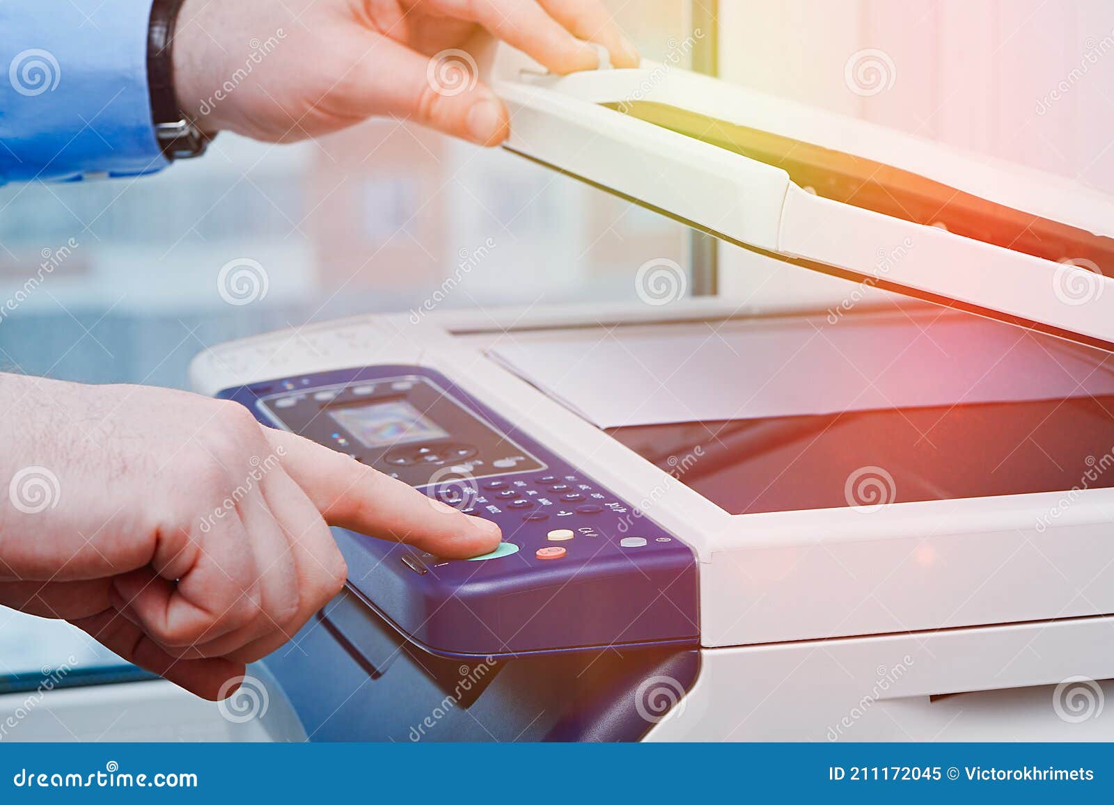 Business Man Hand Press Button Printer Panel To Make a Copy of the ...