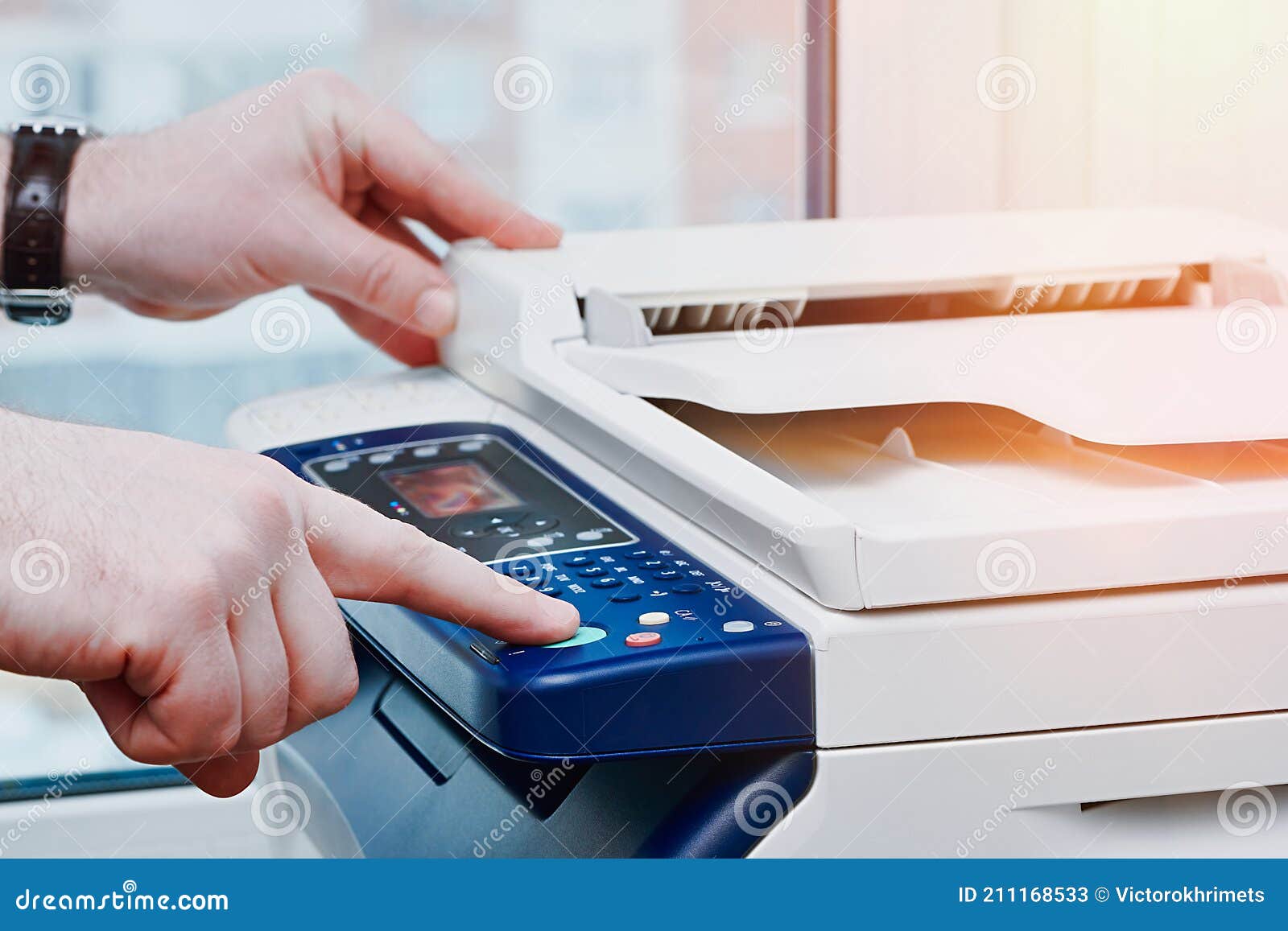 Business Man Hand Press Button Printer Panel To Make a Copy of the ...