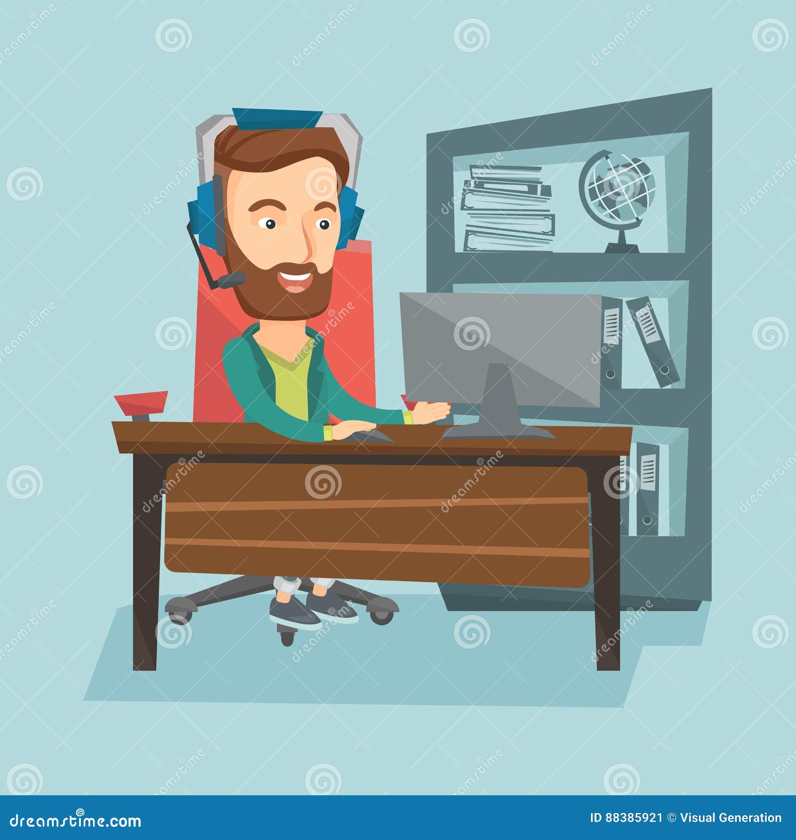 Business Man With Headset Working At Office. Cartoon Vector ...
