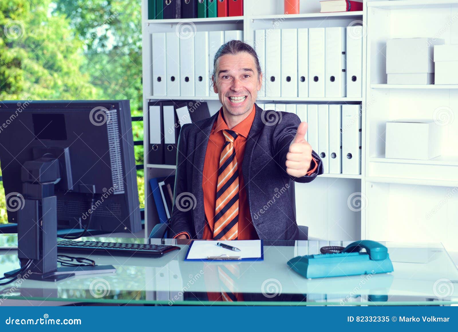 Business Man at His Desk with Thumb Up Stock Image - Image of computer ...