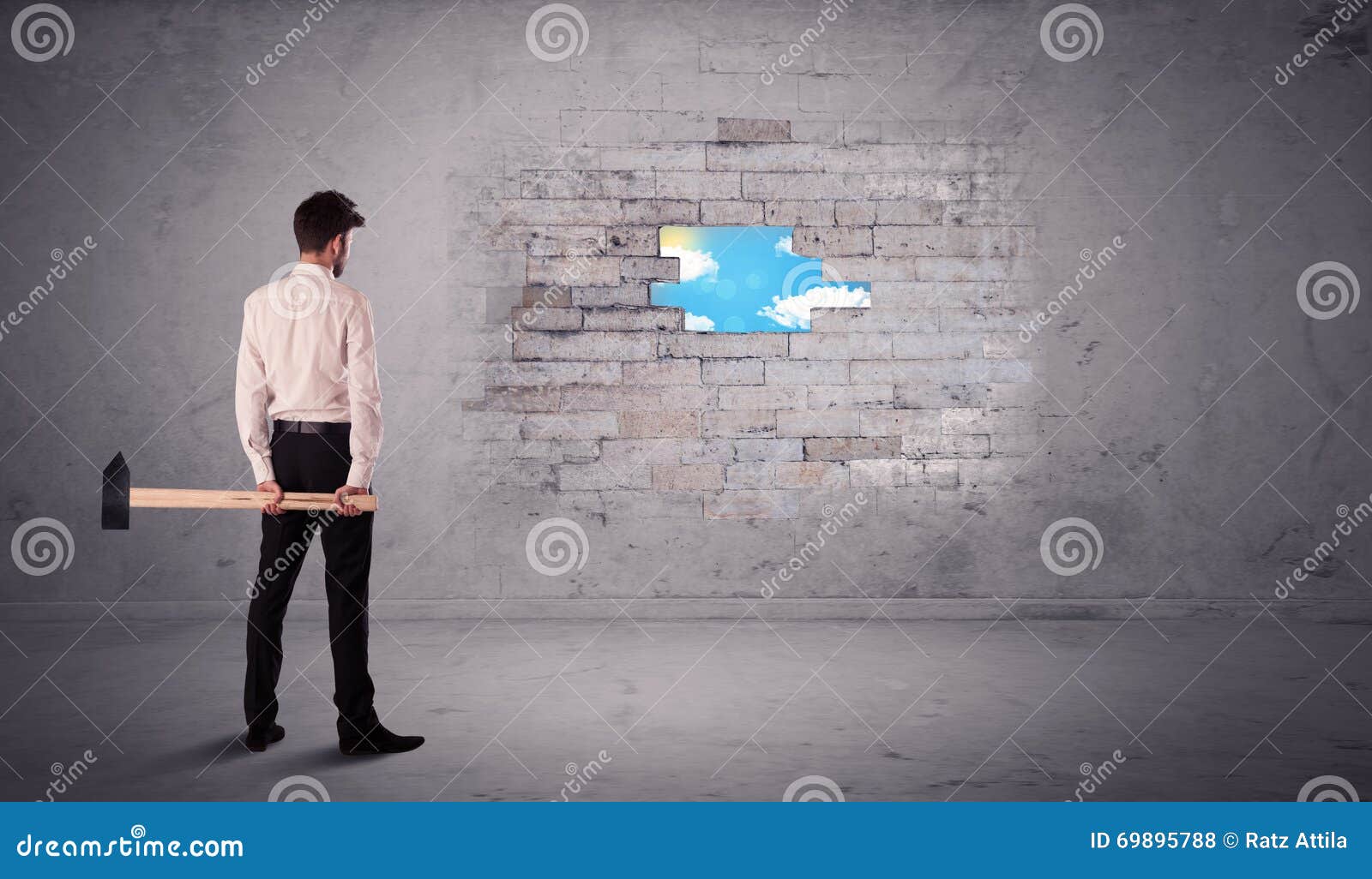 Business Man Hitting Brick Wall with Hammer Stock Photo - Image of ...