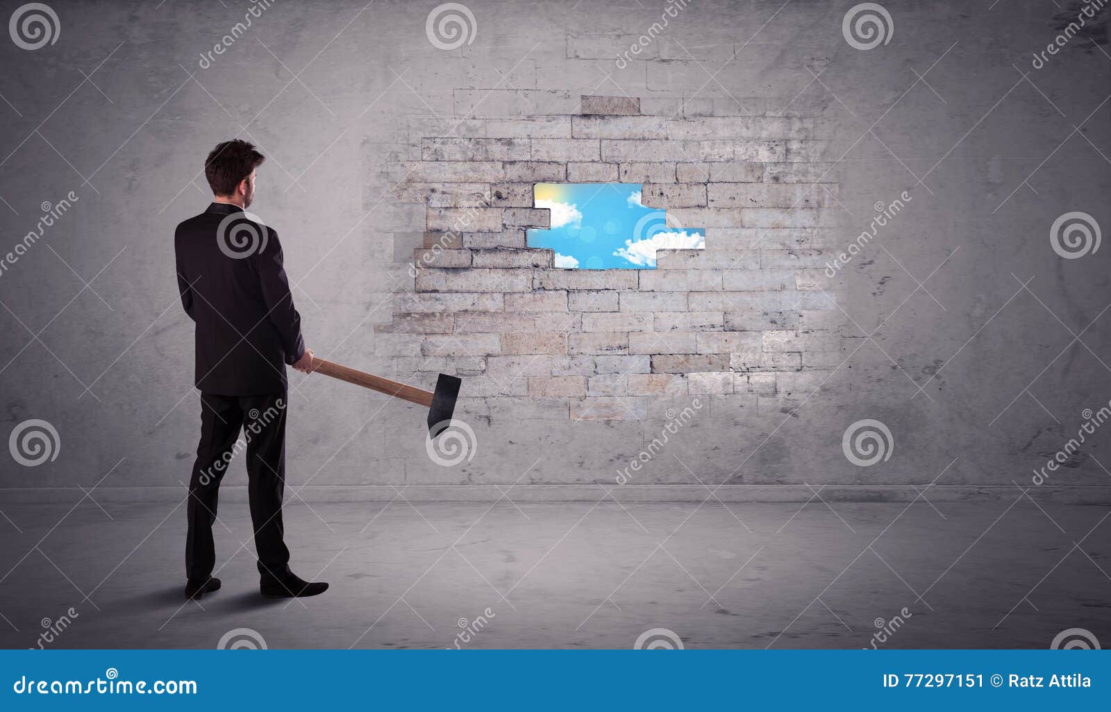 Business Man Hitting Brick Wall with Hammer Stock Image - Image of ...