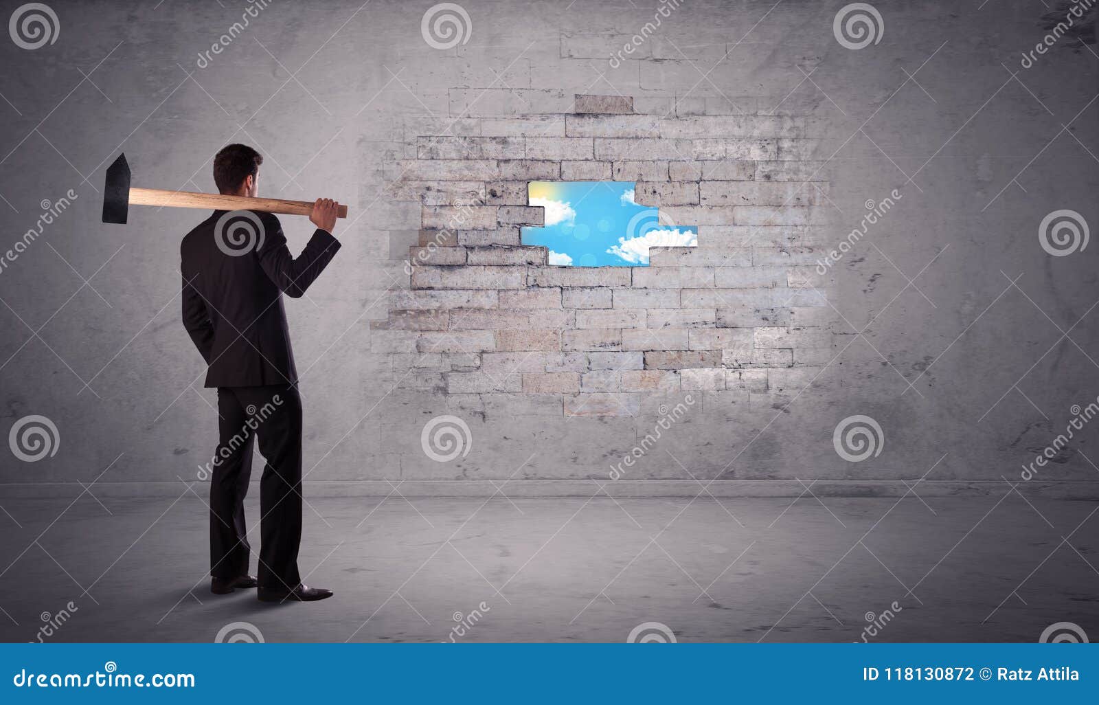 Business Man Hitting Brick Wall with Hammer Stock Photo - Image of ...
