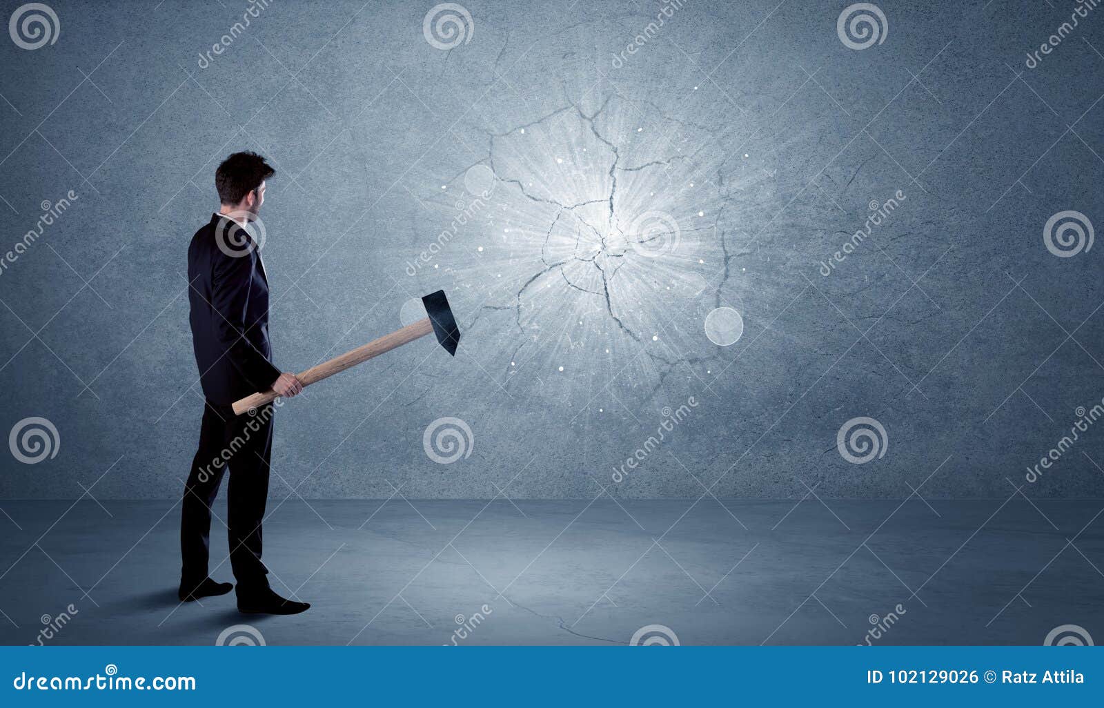 Business Man Hitting Wall with a Hammer Stock Photo - Image of building ...