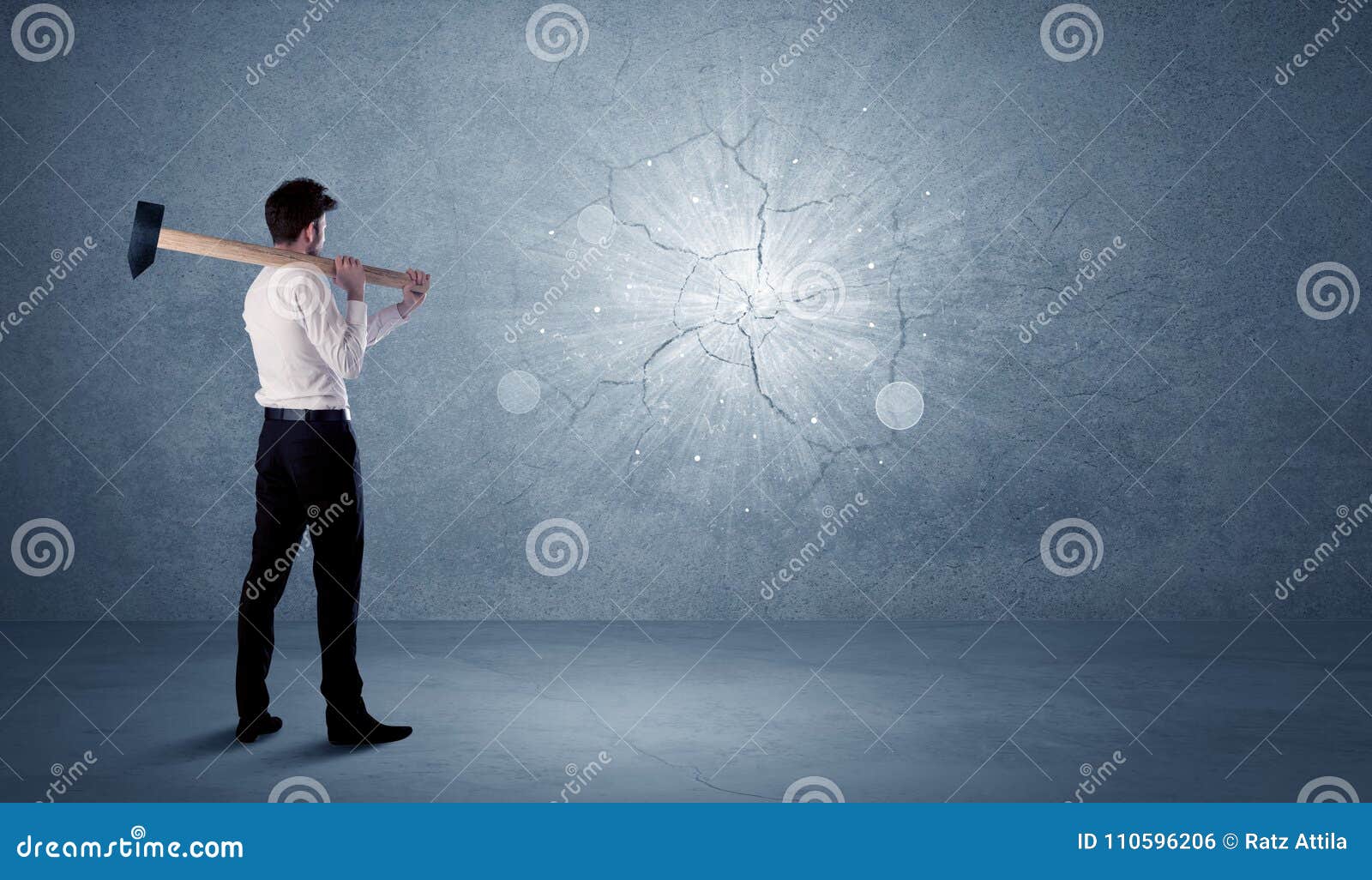 Business Man Hitting Wall with a Hammer Stock Photo - Image of building ...
