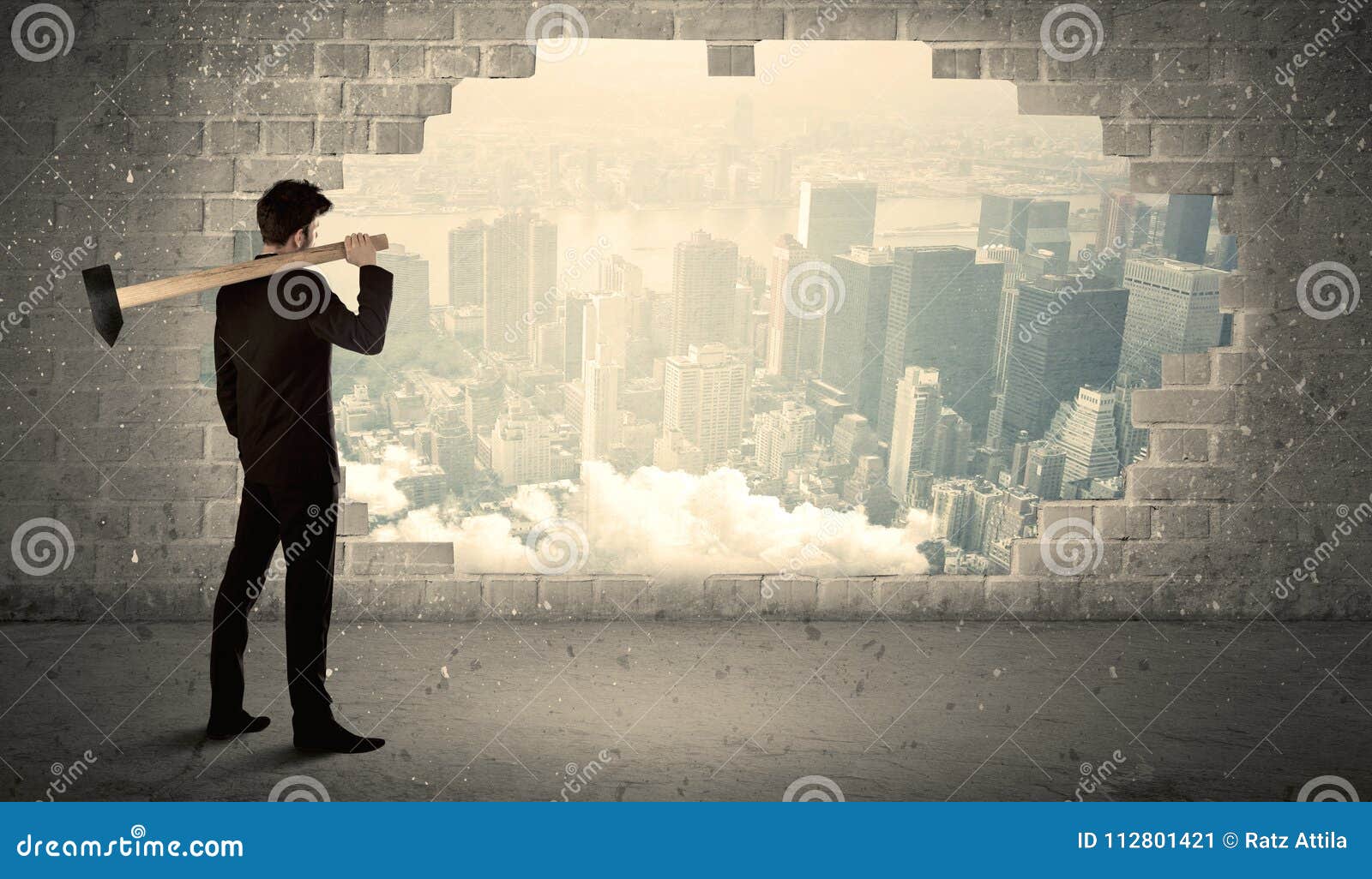 Business Man Hitting Wall with Hammer on City View Stock Image - Image ...