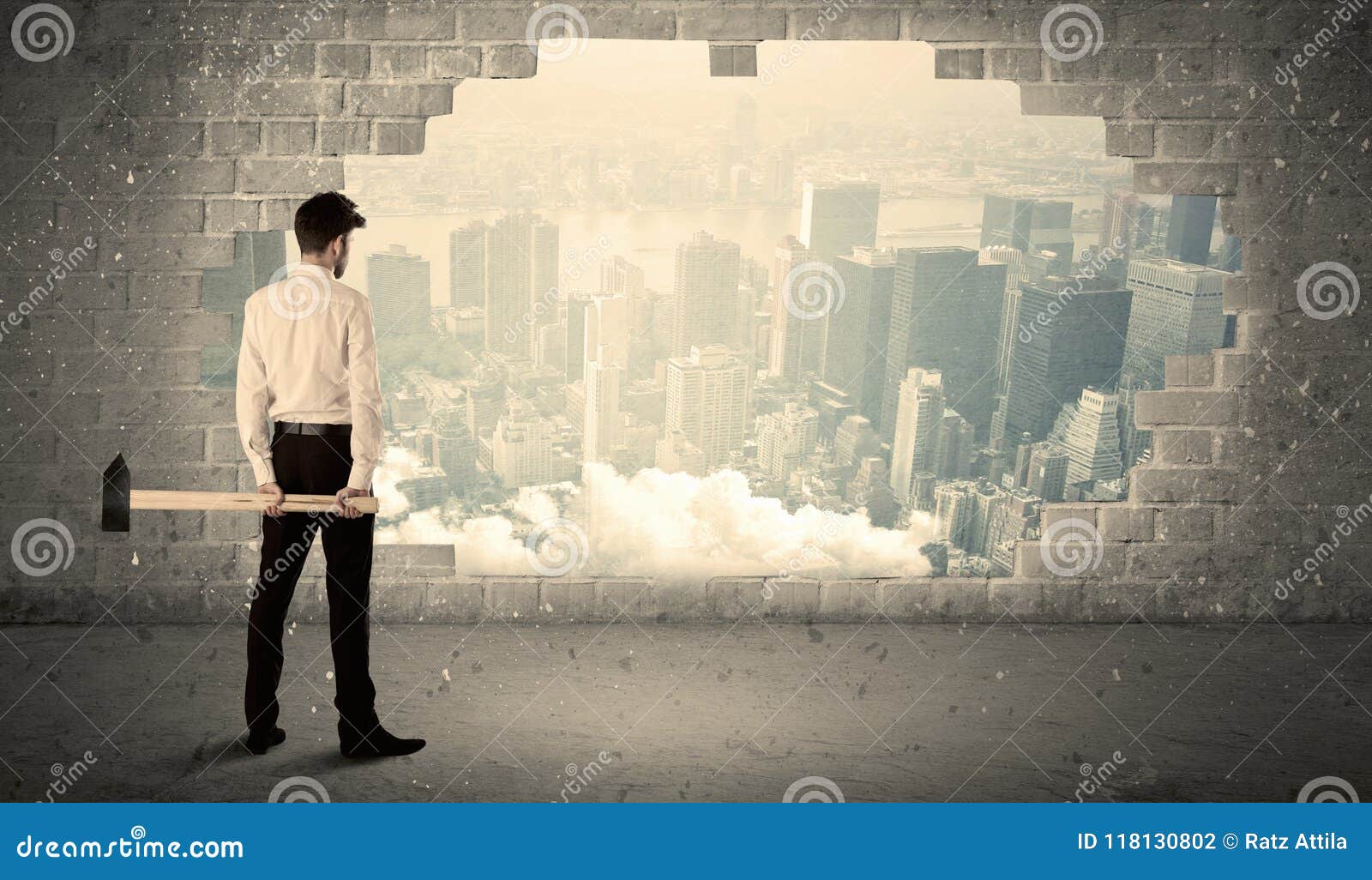Business Man Hitting Wall with Hammer on City View Stock Photo - Image ...