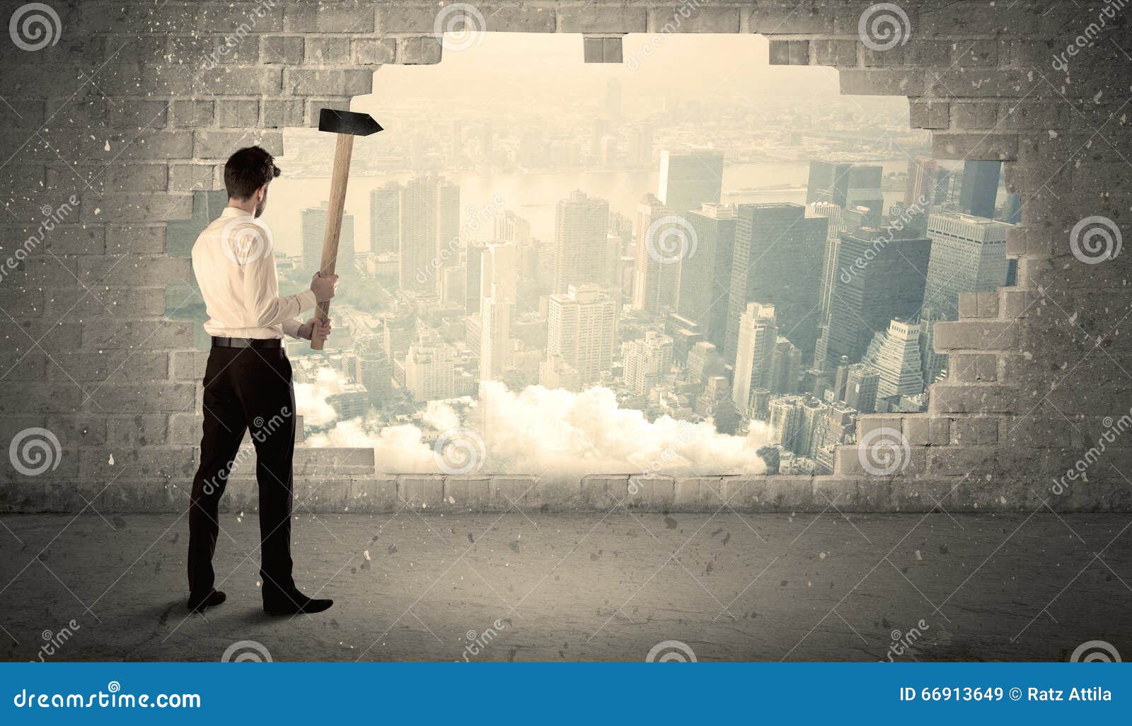 Business Man Hitting Wall With Hammer On City View Royalty-Free Stock ...