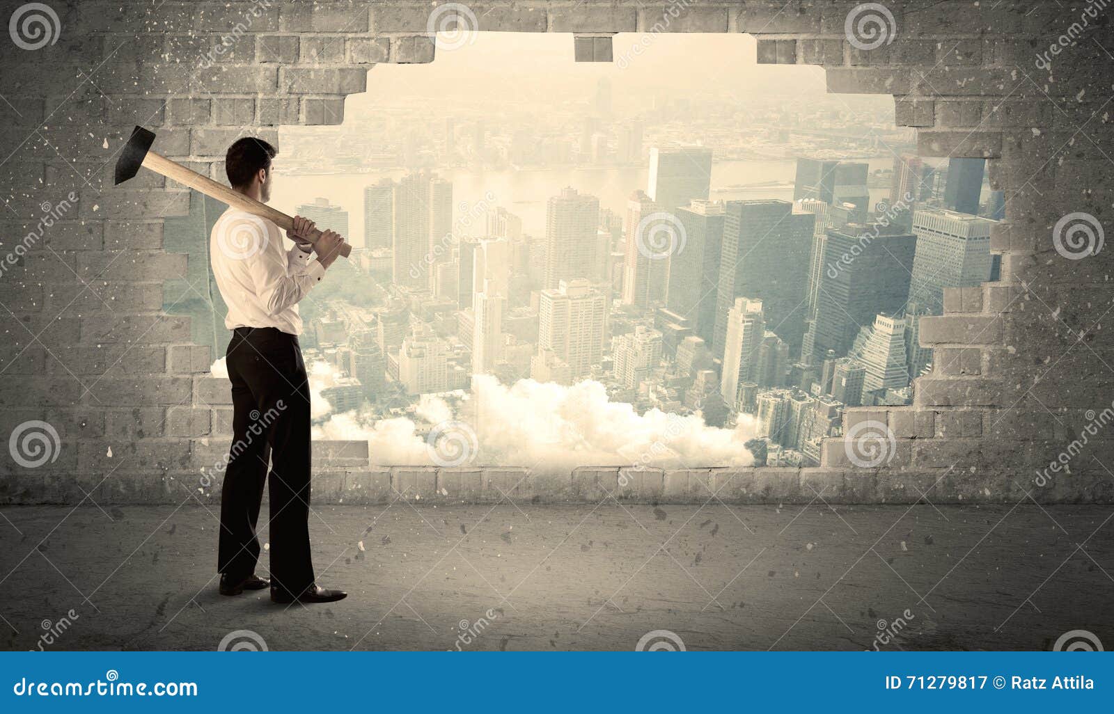 Business Man Hitting Wall with Hammer on City View Stock Image - Image ...